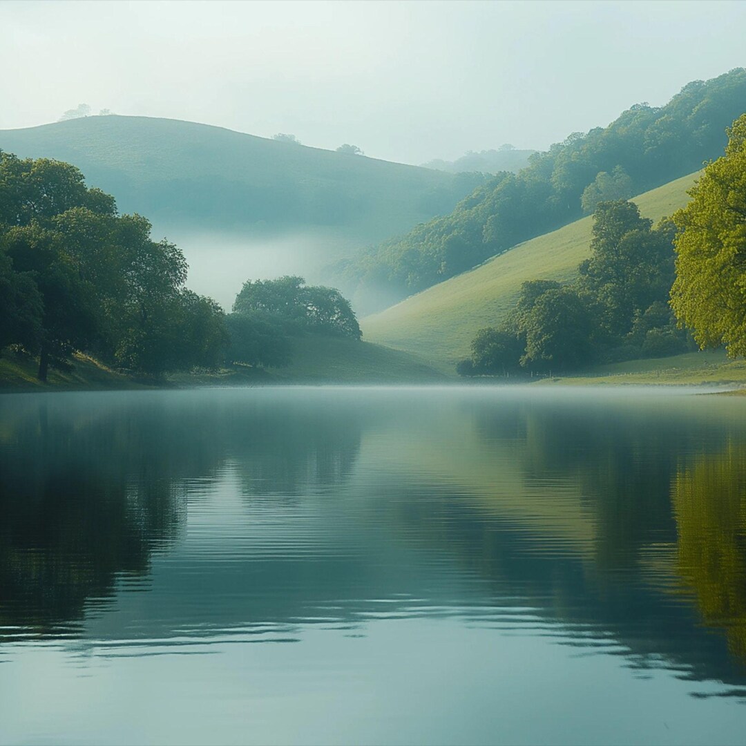 Peaceful Lake and Rolling Hills Zoom Virtual Background - Misty Morning ...