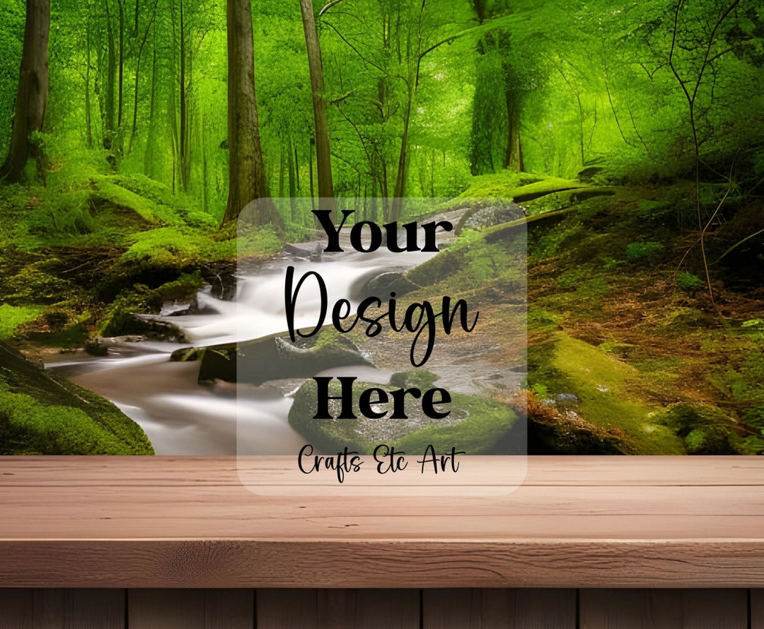 Background Mockup Forest Stream Background Wooden Shelf Forest Backdrop ...
