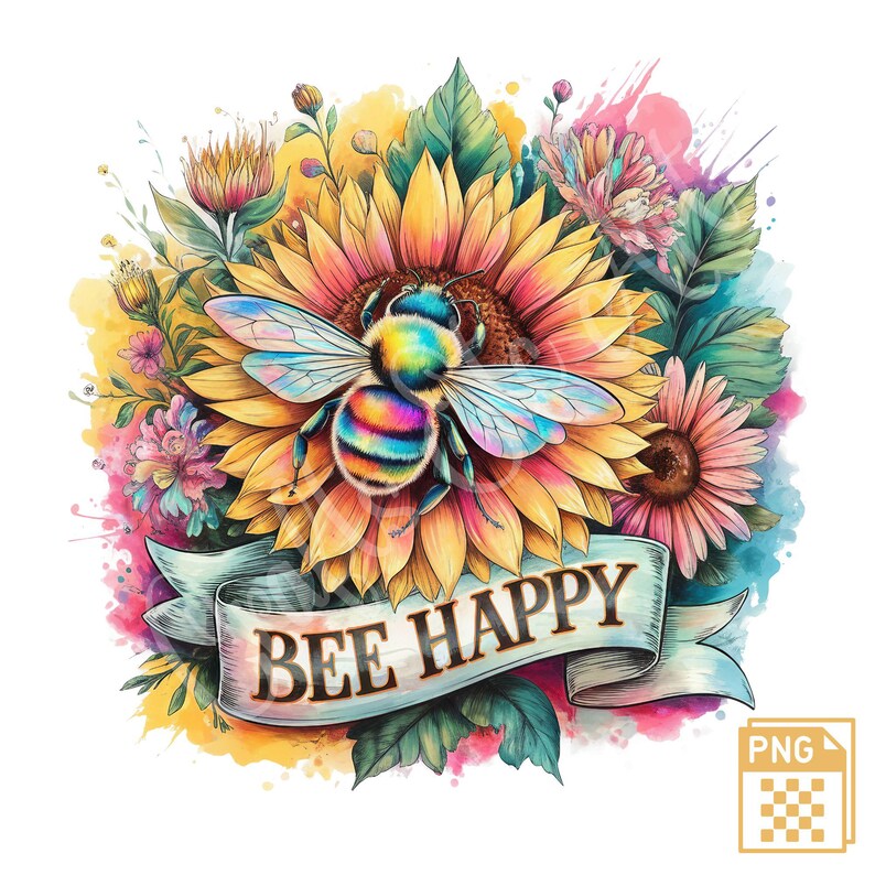 Bee Happy Bumblebee Sunflower Clipart PNG - Watercolour Bee and Floral ...