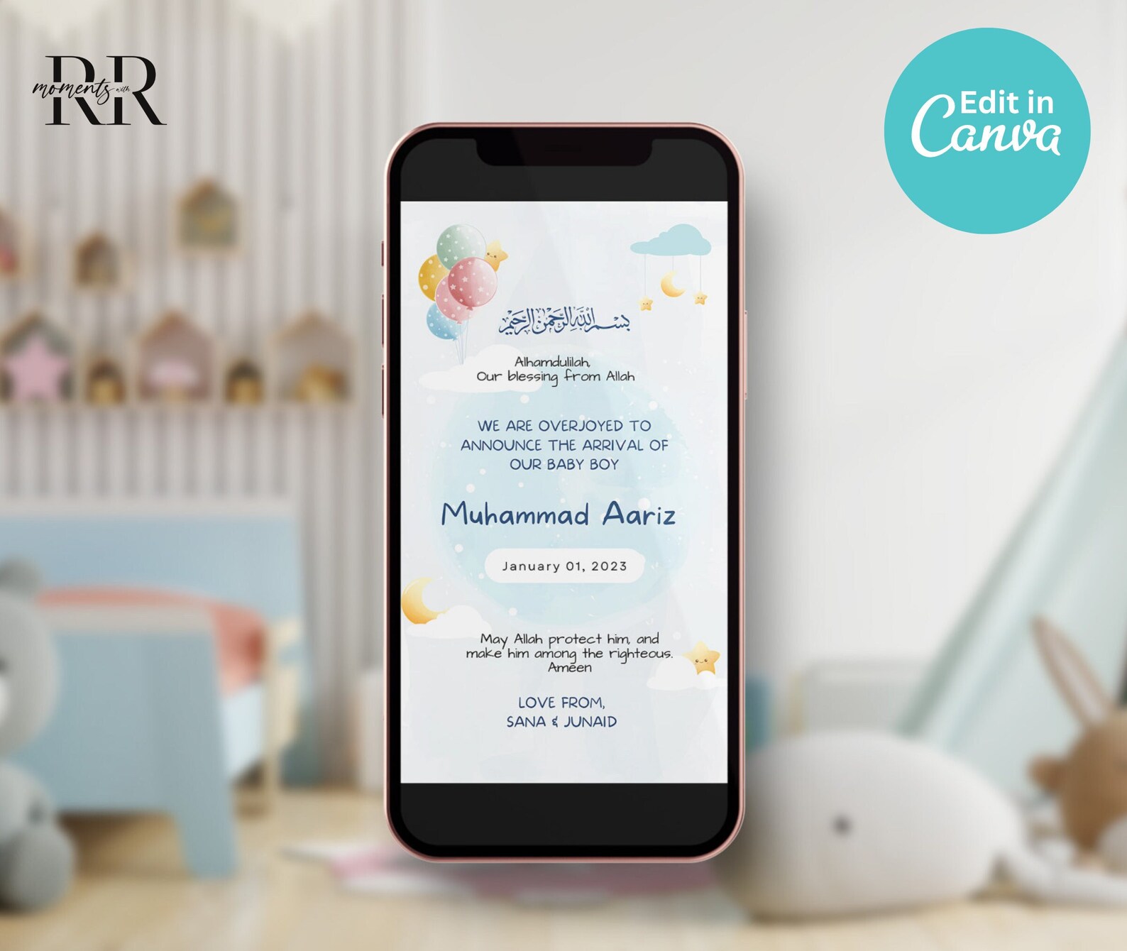 Muslim Baby Birth Announcement, Editable Baby Boy Birth Announcement ...