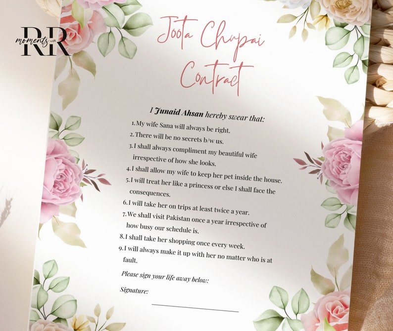 Joota Chupai Contract, Fun Wedding Contract Template, Printable Nikkah ...
