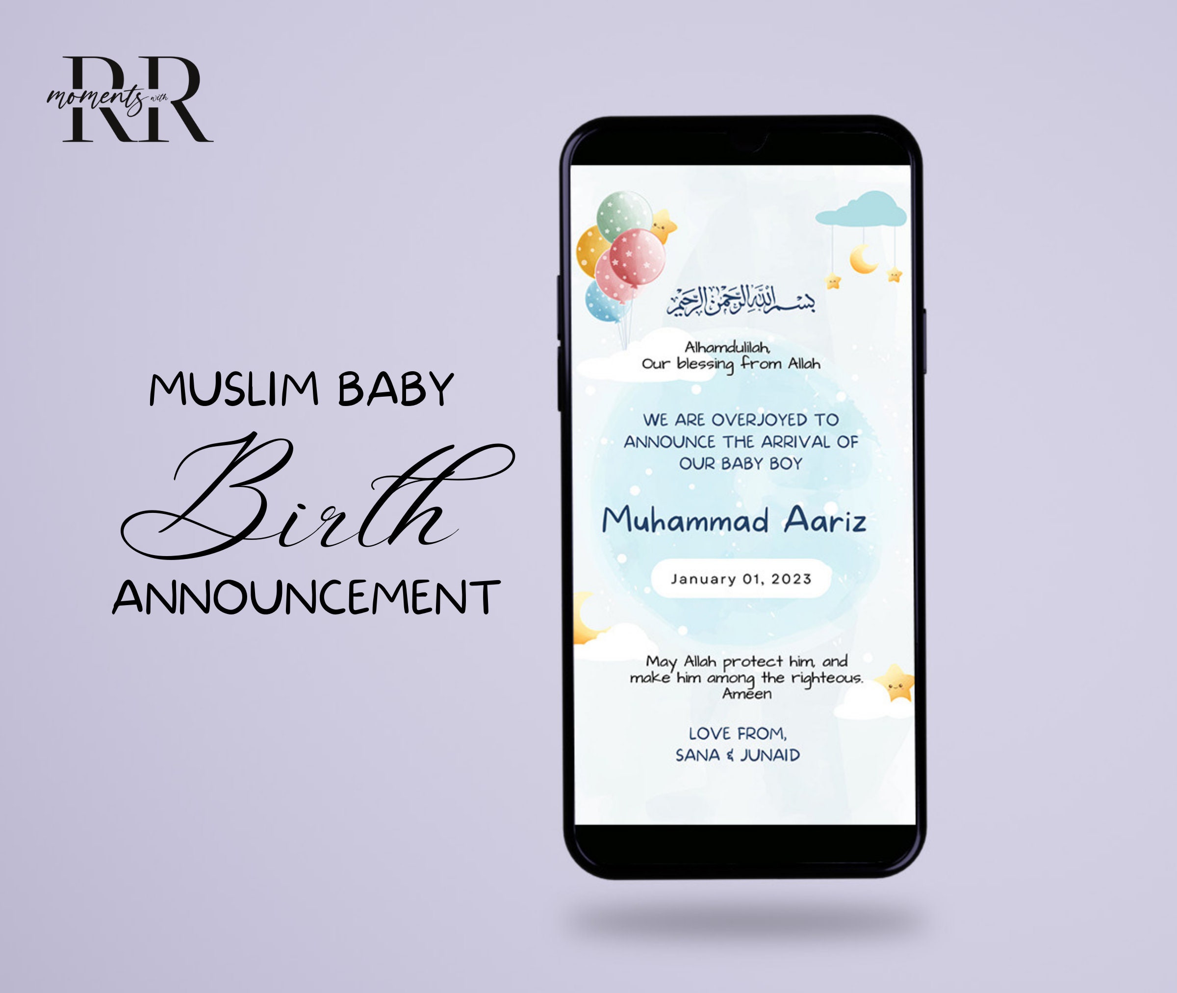 Muslim Baby Birth Announcement, Editable Baby Boy Birth Announcement ...