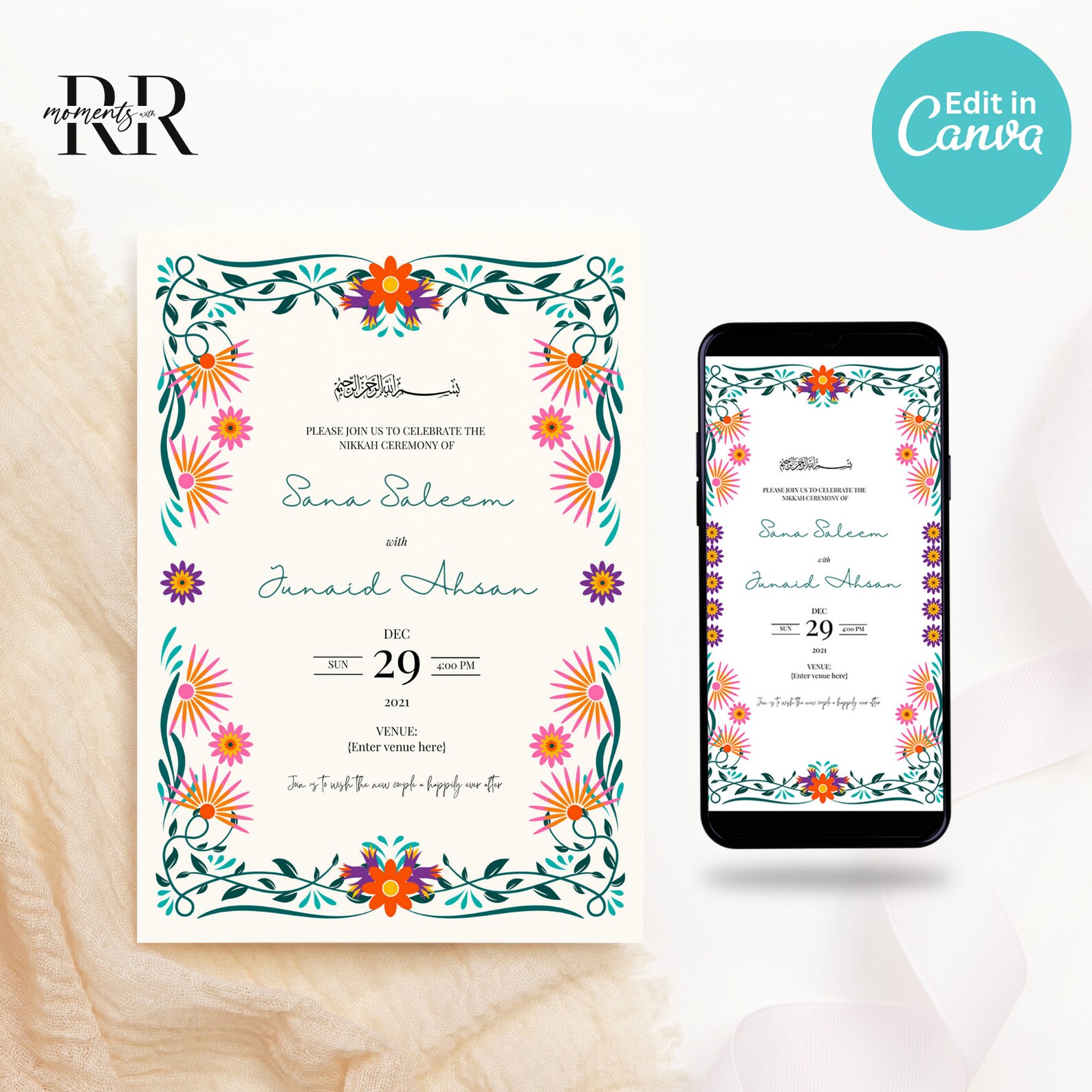 Editable Muslim Wedding Invitation, Modern Nikkah Invitation, Islamic ...