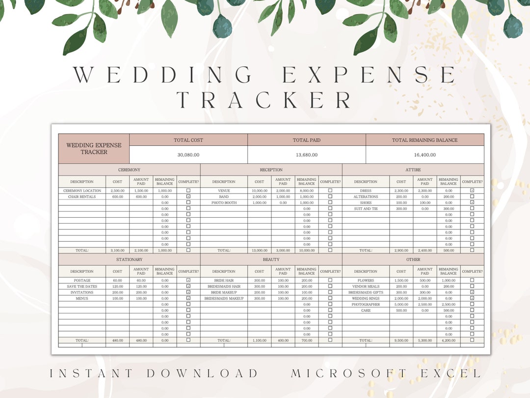 Wedding Expense Tracker Excel - Etsy