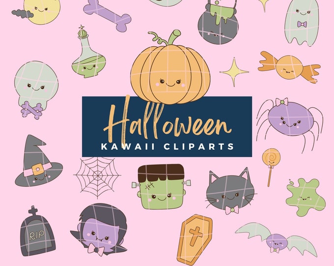 Cute Halloween Kawaii PNG Cliparts, Kawaii Ghost, Bat, Pumpkin, Witch ...