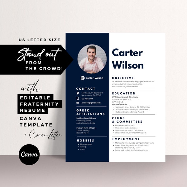 Fraternity Rush Resume Template - Etsy