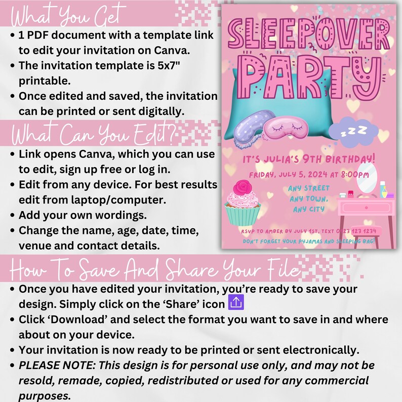 Sleepover Birthday Invitation Template Slumber Party Pyjama Party Any ...