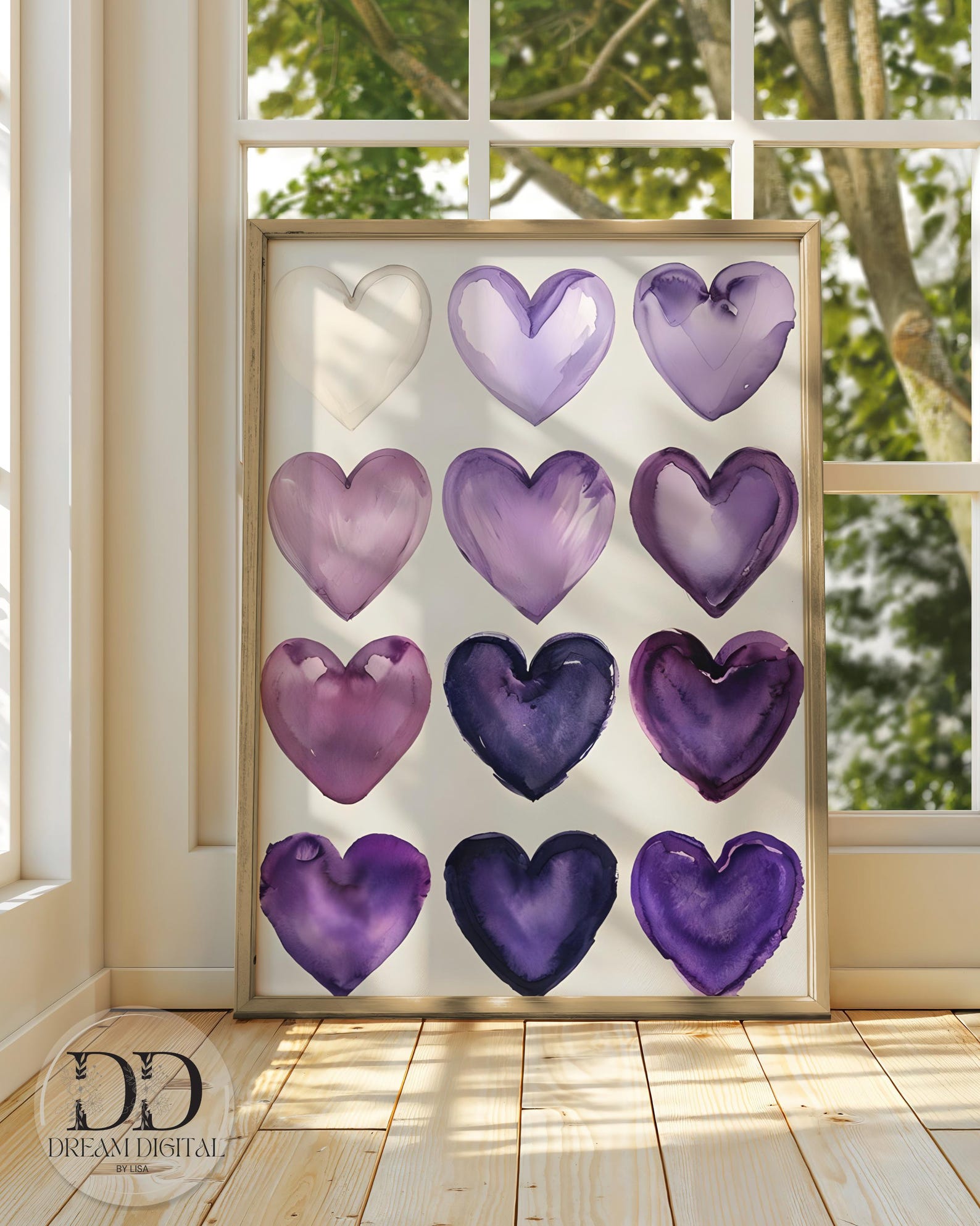 Shades of Purple Love Hearts Wall Art Watercolour Digital Art Purple ...