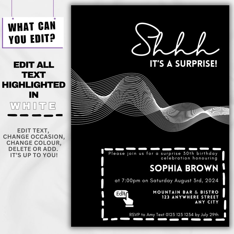 Minimalist Surprise Party Invitation Editable Template Shhh Its A