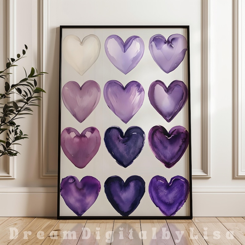 Shades of Purple Love Hearts Wall Art Watercolour Digital Art Purple ...