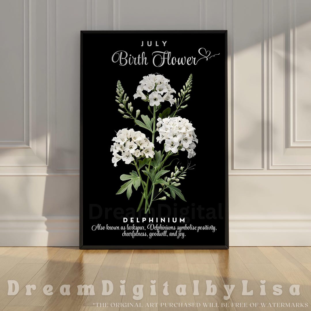 Birth Flower Month JULY Birthday Print Delphiniums Flower Illustration ...
