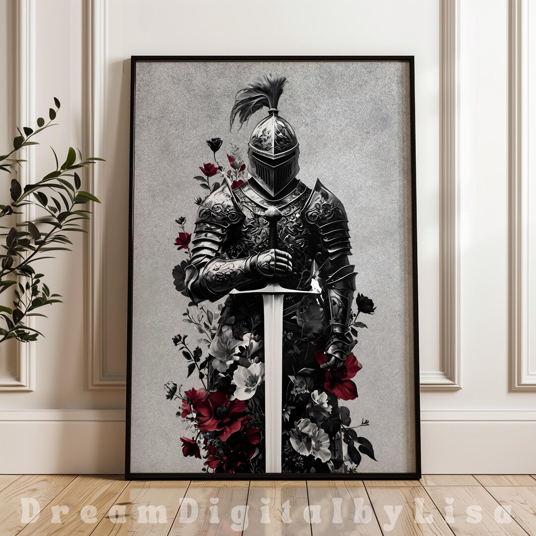 Medieval Knight Armour With Sword Covered in Gothic Flowers DIGITAL Art ...