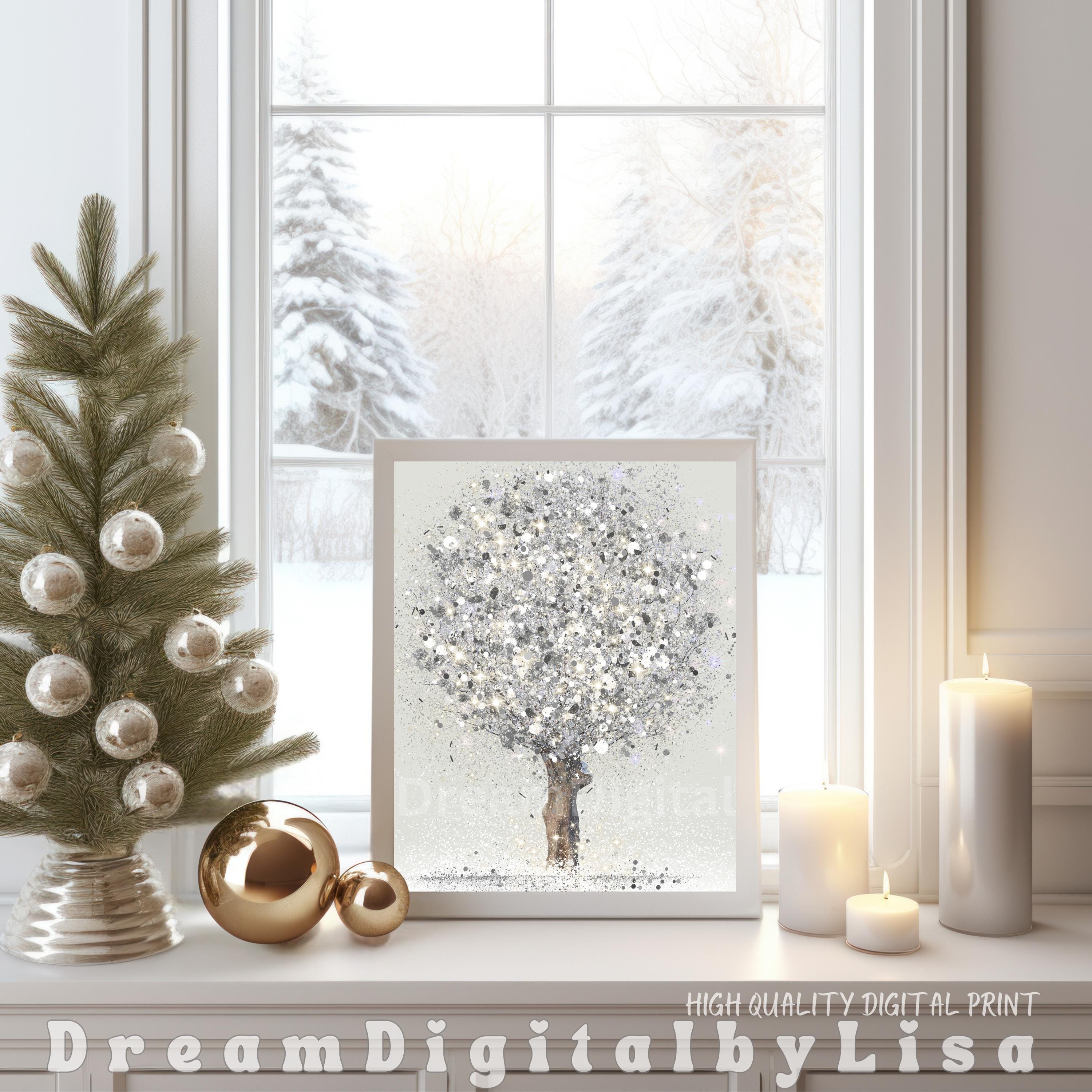 Winter Tree Art Silver Glitter Wall Art Xmas Wall Art Tree Abstract ...