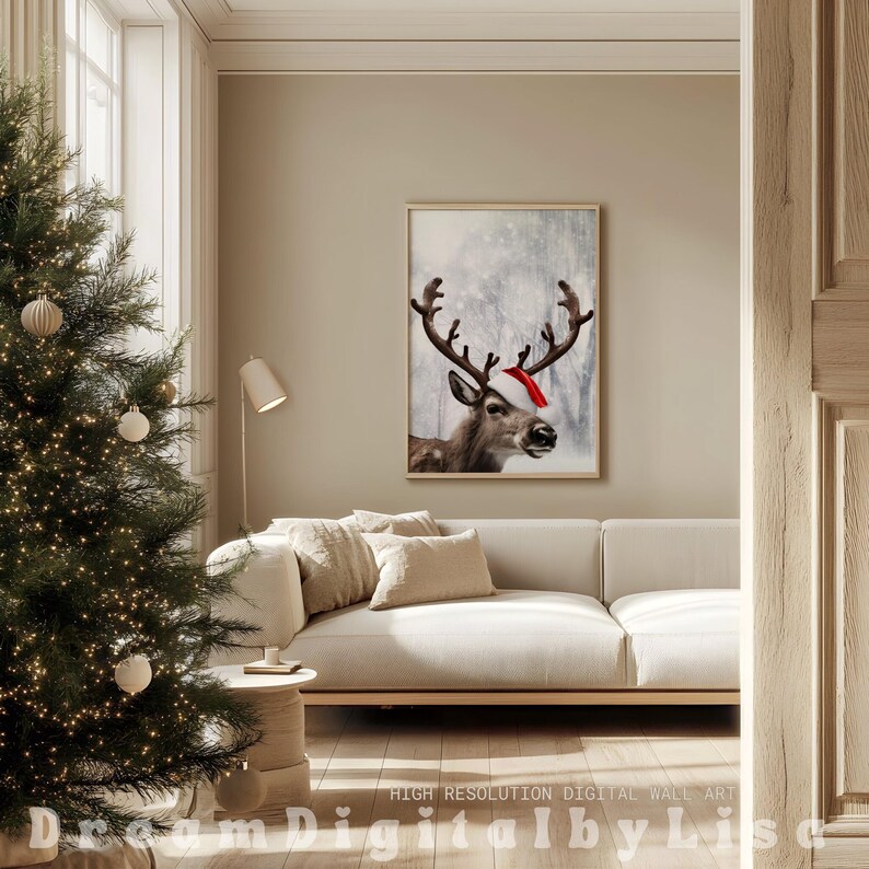 Christmas Reindeer Printable Reindeer With Santa Hat Reindeer Wall Art ...