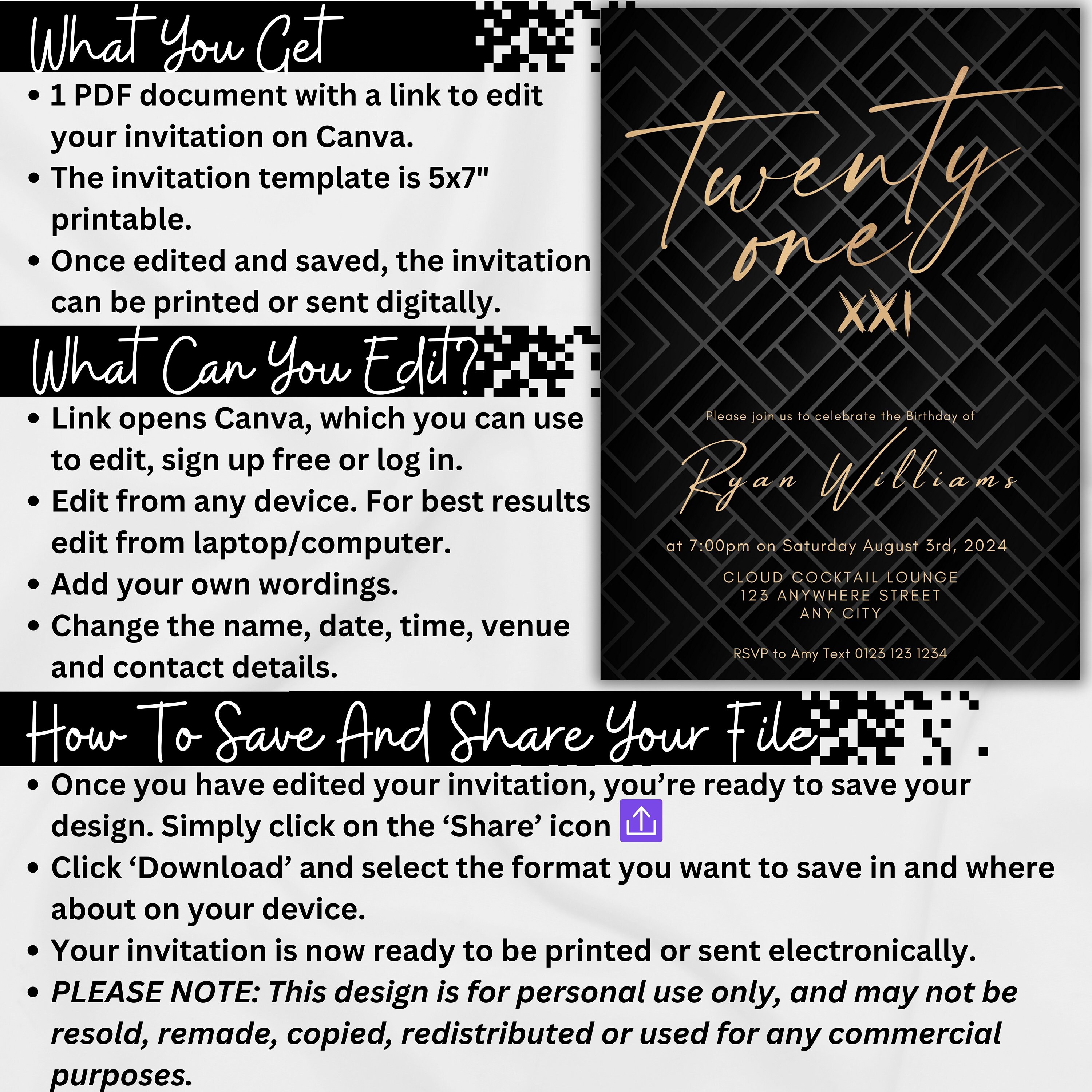 21st Birthday Invitation Editable Black and Gold Unisex Minimalist ...
