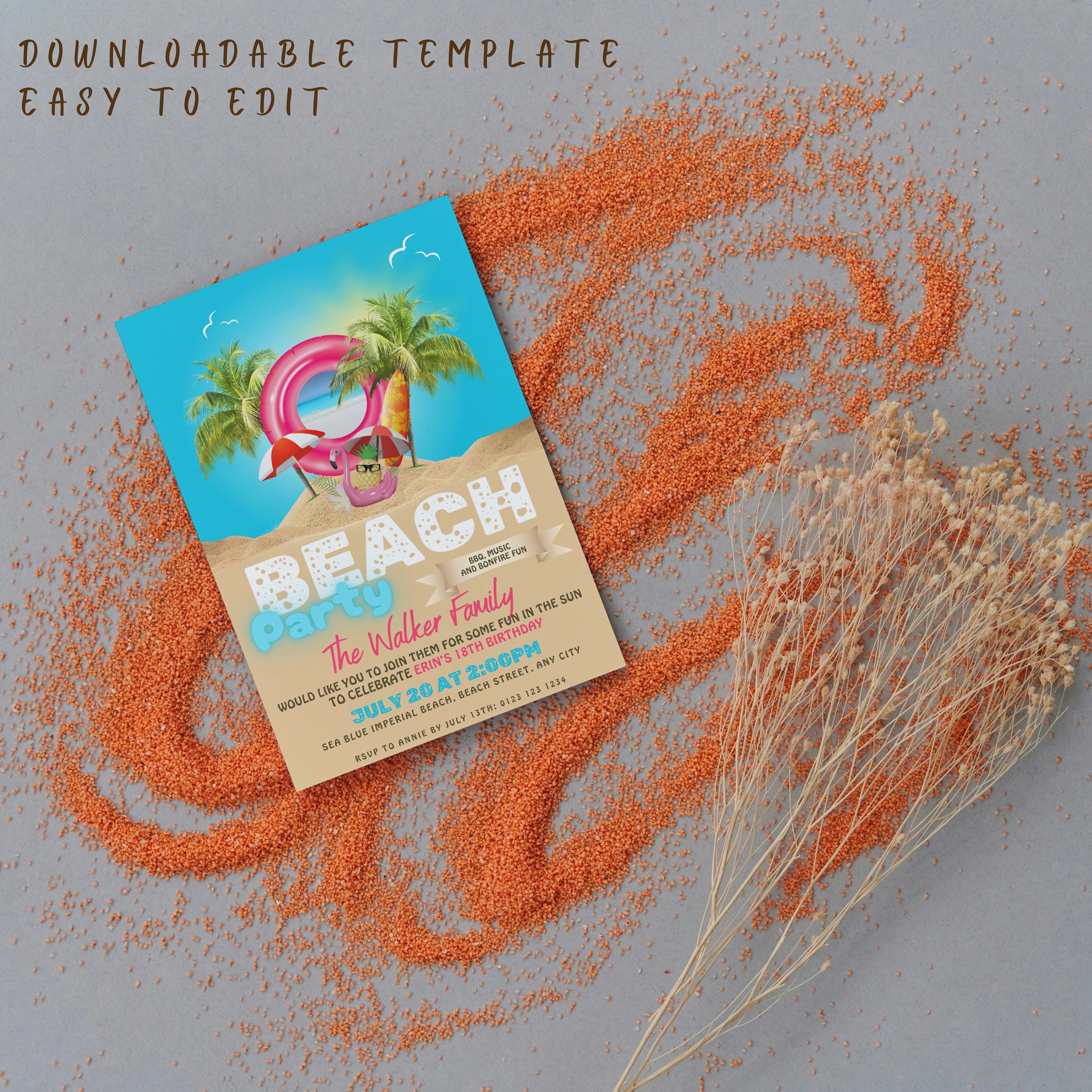 Beach Party Invitation Template EDITABLE PRINTABLE 5x7inch INVITE Adult ...