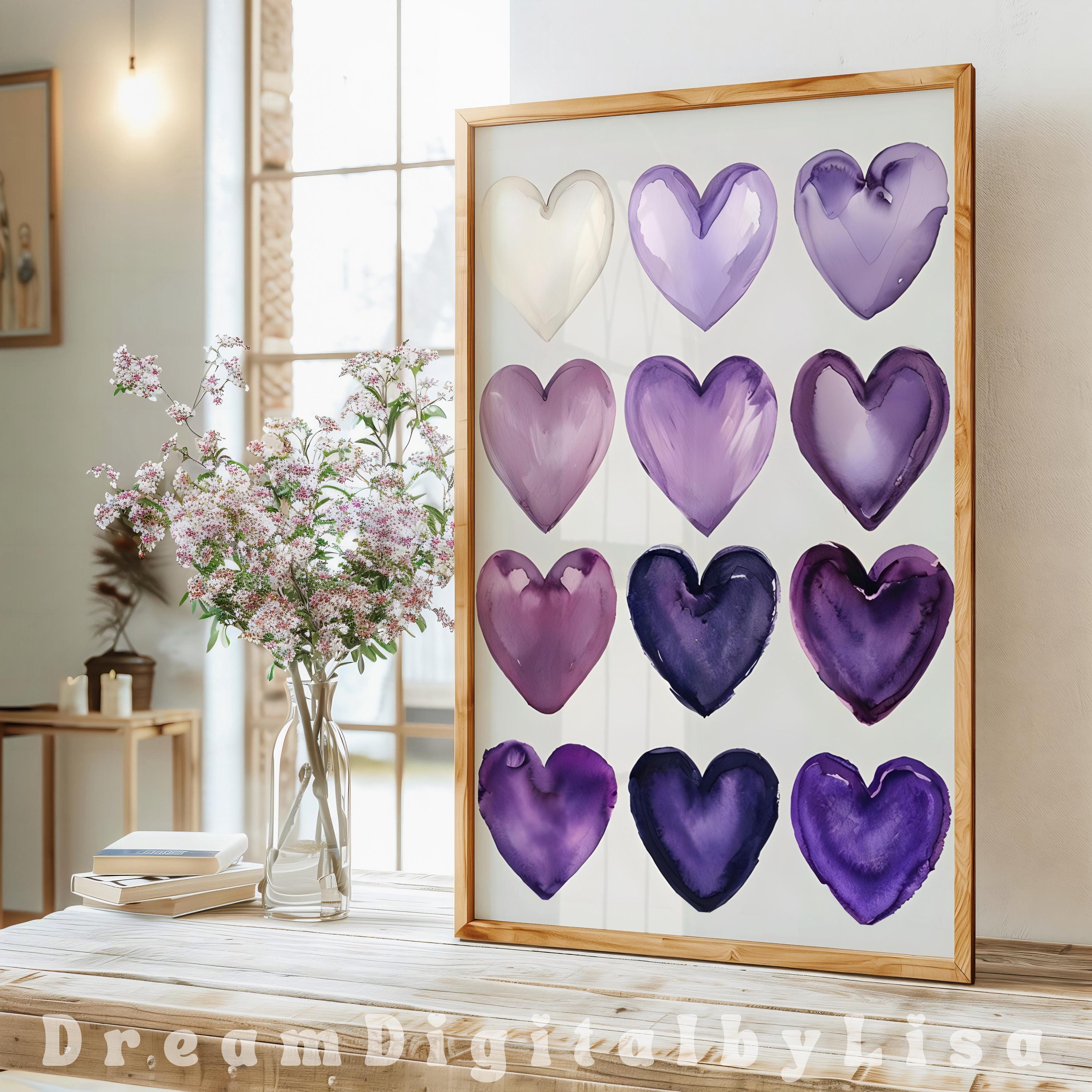 Shades of Purple Love Hearts Wall Art Watercolour Digital Art Purple ...