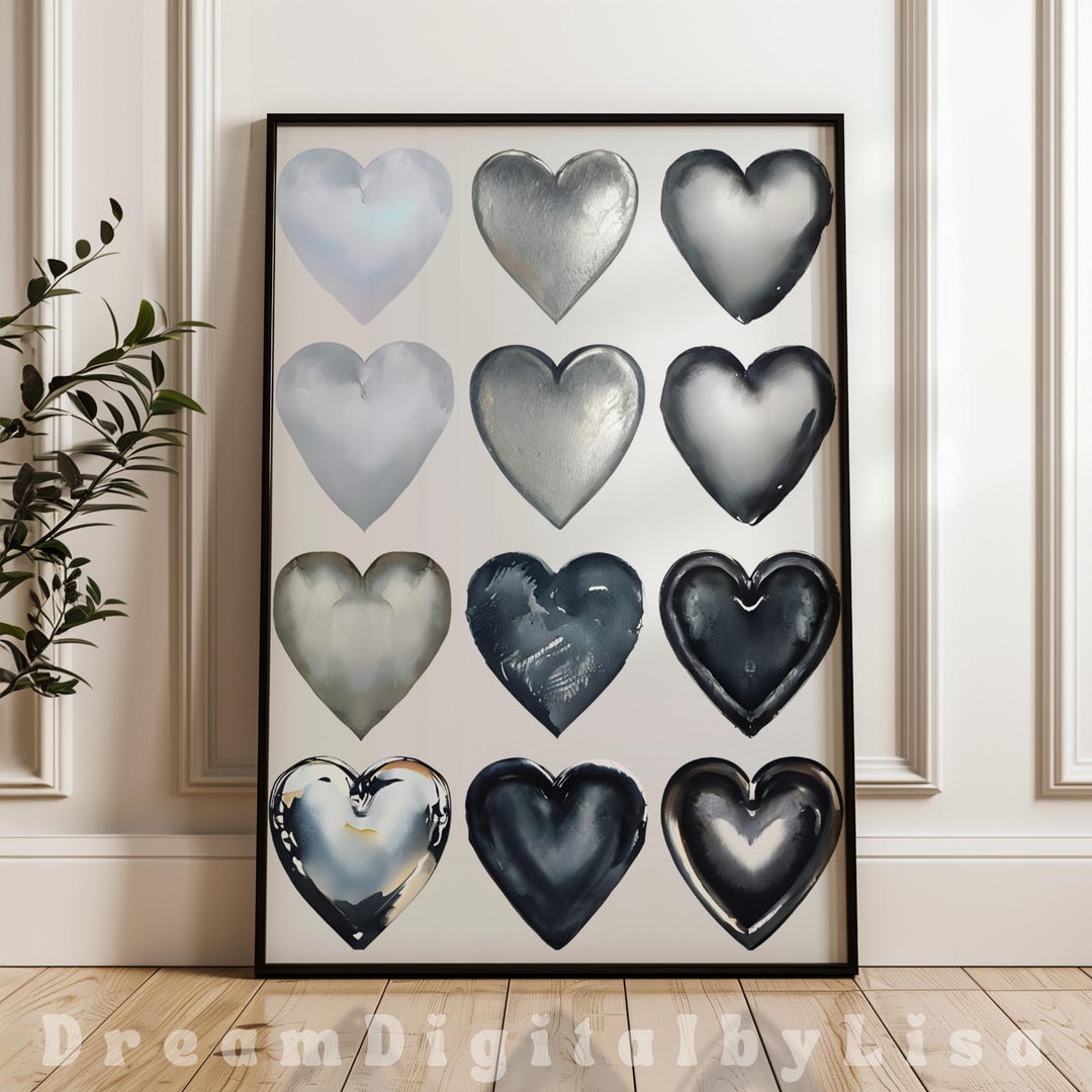 Shades of Silver Love Hearts Wall Art Watercolour Digital Art Silver ...