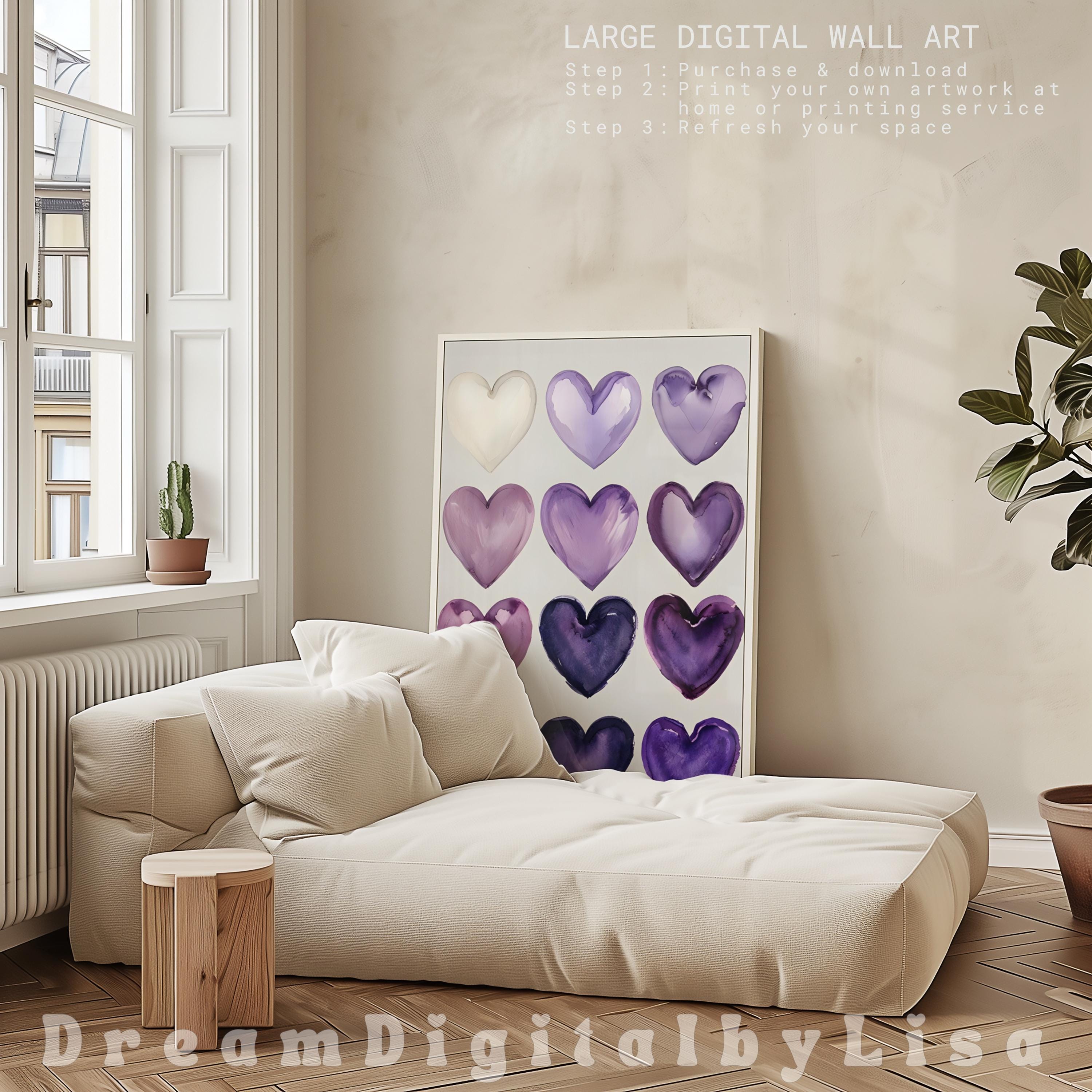 Shades of Purple Love Hearts Wall Art Watercolour Digital Art Purple ...