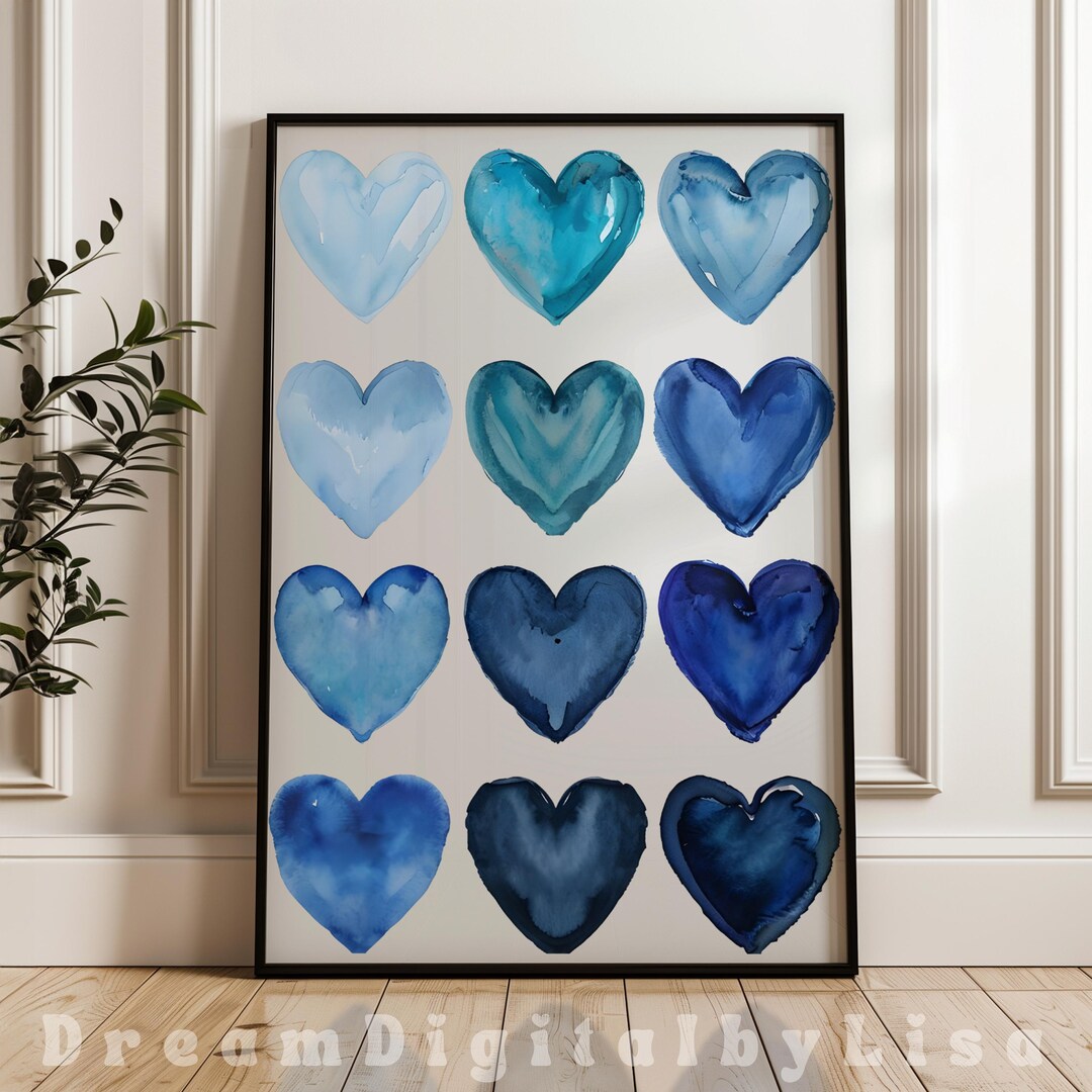 Shades of Blue Love Hearts Wall Art Watercolour Digital Art Blue Art ...