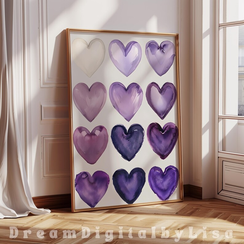 Shades of Purple Love Hearts Wall Art Watercolour Digital Art Purple ...