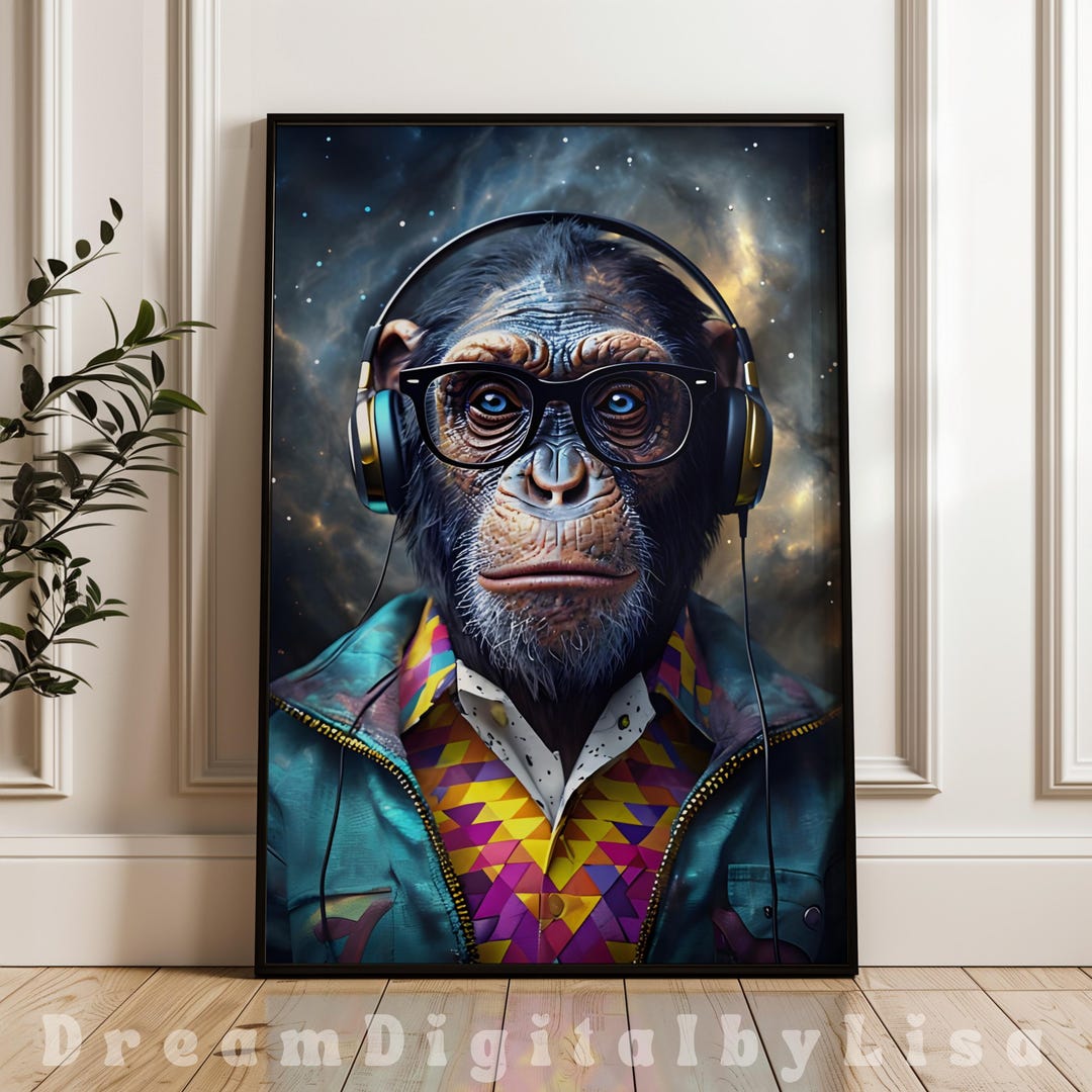 Whimsical Chimpanzee Wearing Headphones Wall Art Animal Print Monkey ...