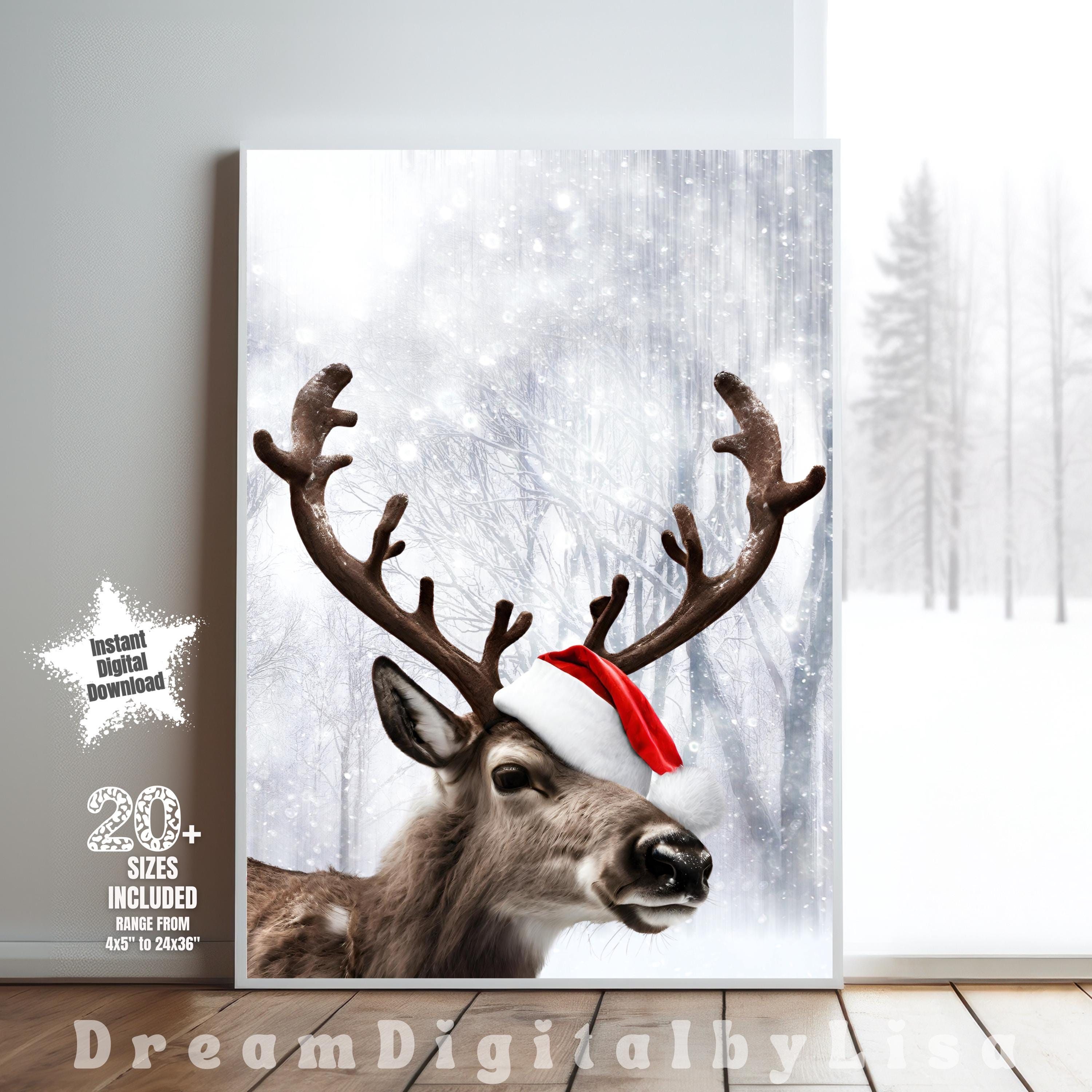Christmas Reindeer Printable Reindeer With Santa Hat Reindeer Wall Art ...
