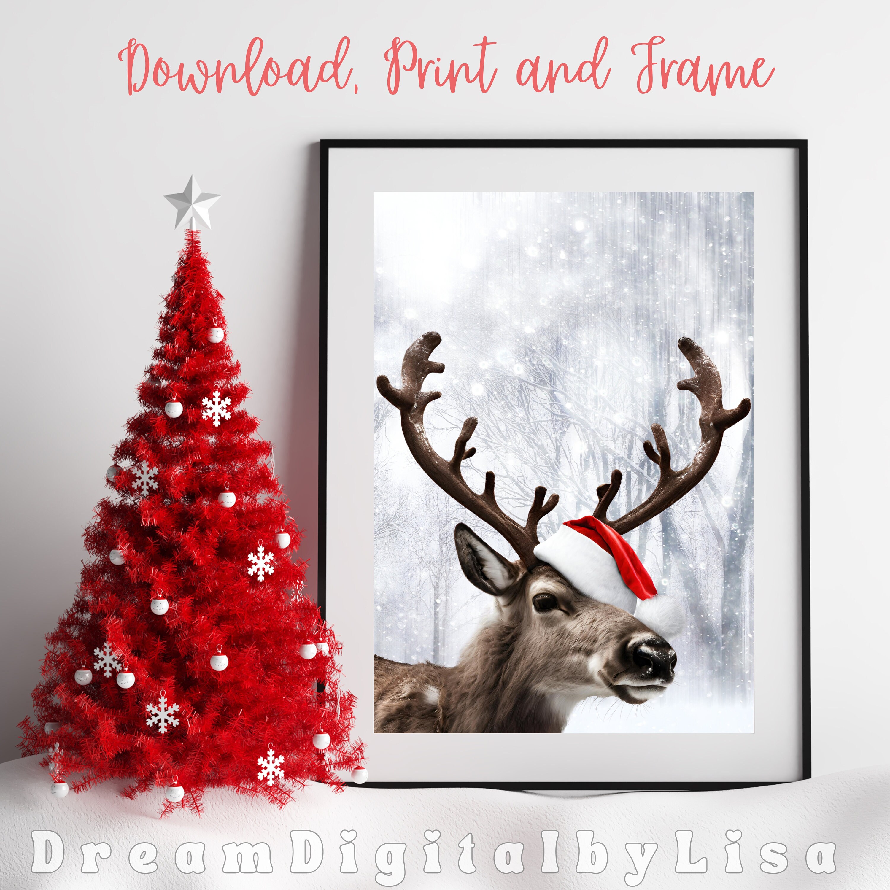 Christmas Reindeer Printable Reindeer With Santa Hat Reindeer Wall Art ...