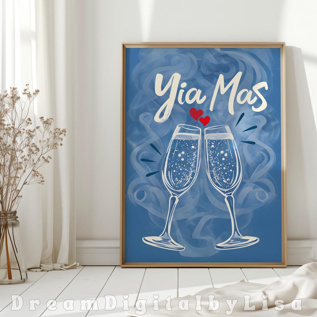 Greek Yia Mas Cheers Print Champagne Glasses Wall Art Greek Kitchen ...