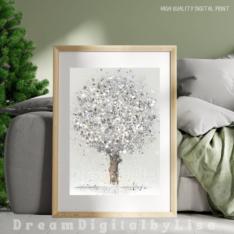Winter Tree Art Silver Glitter Wall Art Xmas Wall Art Tree Abstract ...