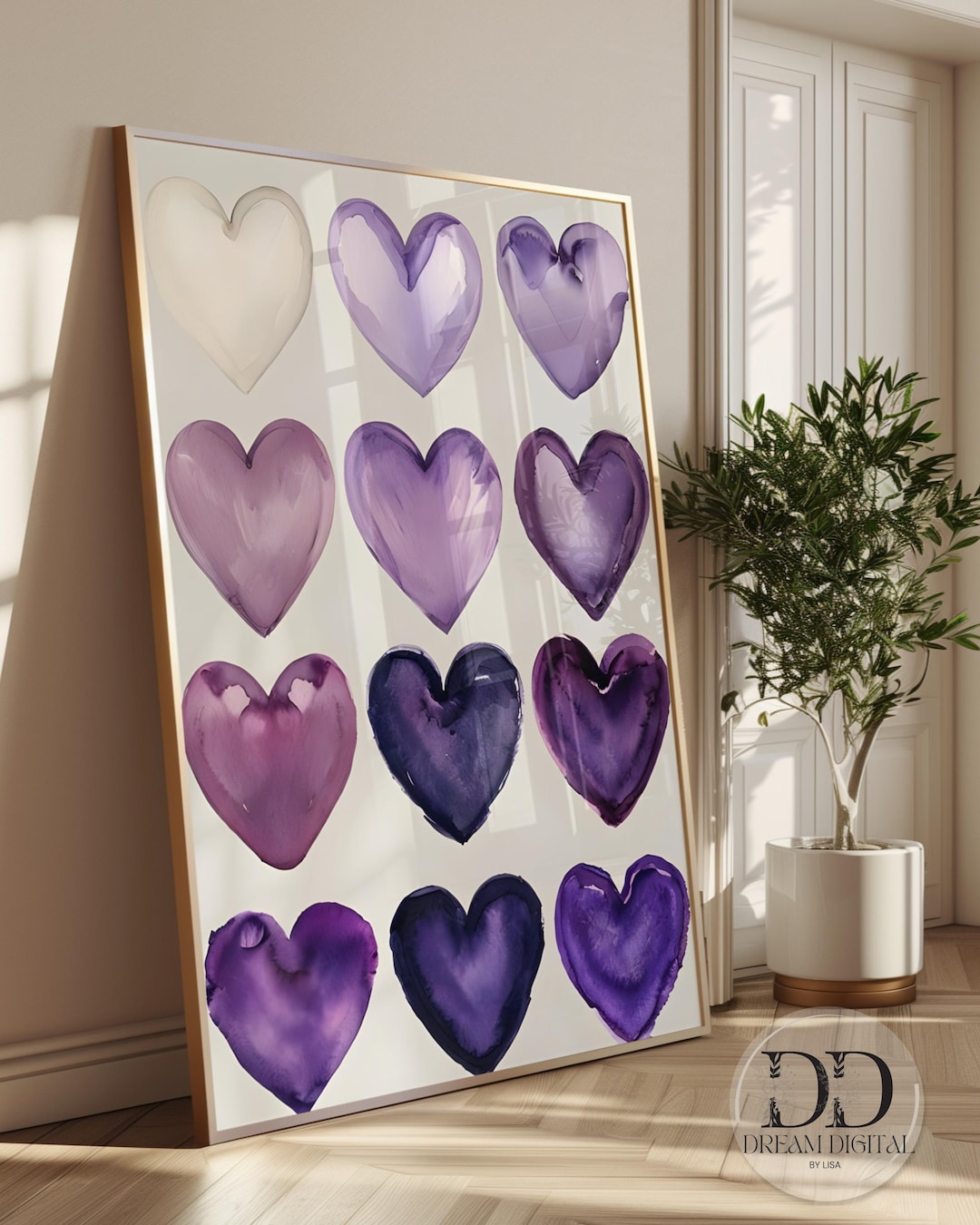 Shades of Purple Love Hearts Wall Art Watercolour Digital Art Purple ...