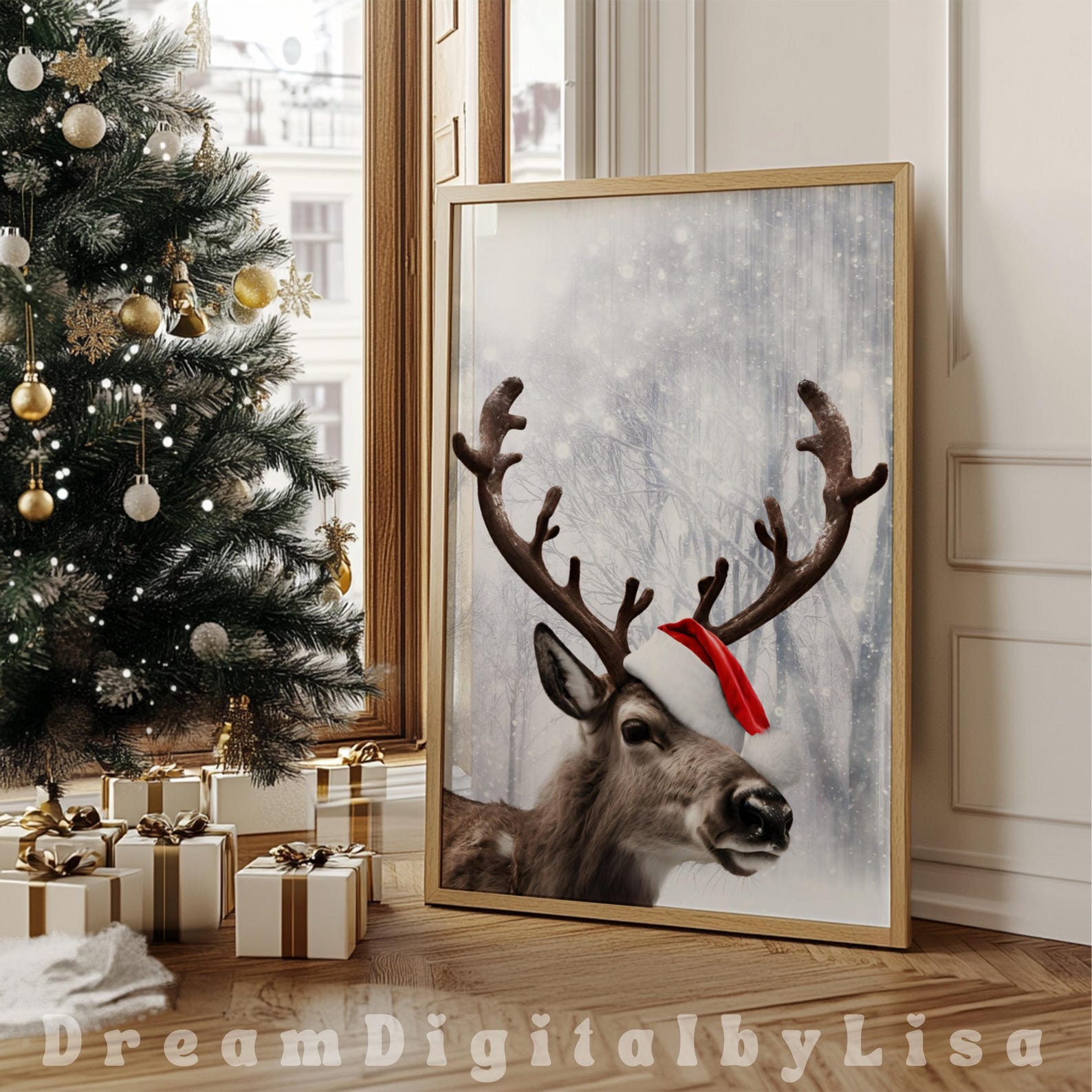 Christmas Reindeer Printable Reindeer With Santa Hat Reindeer Wall Art ...