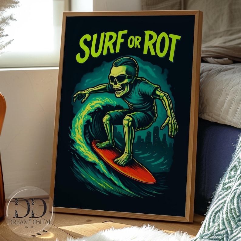 Printable Skeleton Surf Poster, Surf Wall Decor, Cool Teen Room Poster ...