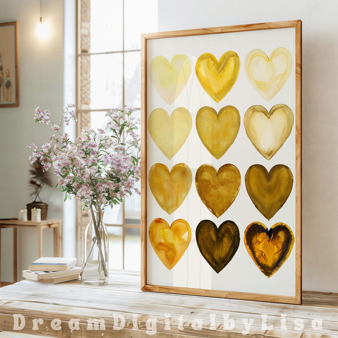Shades of Gold Love Hearts Wall Art Watercolour Digital Art Yellow Art ...