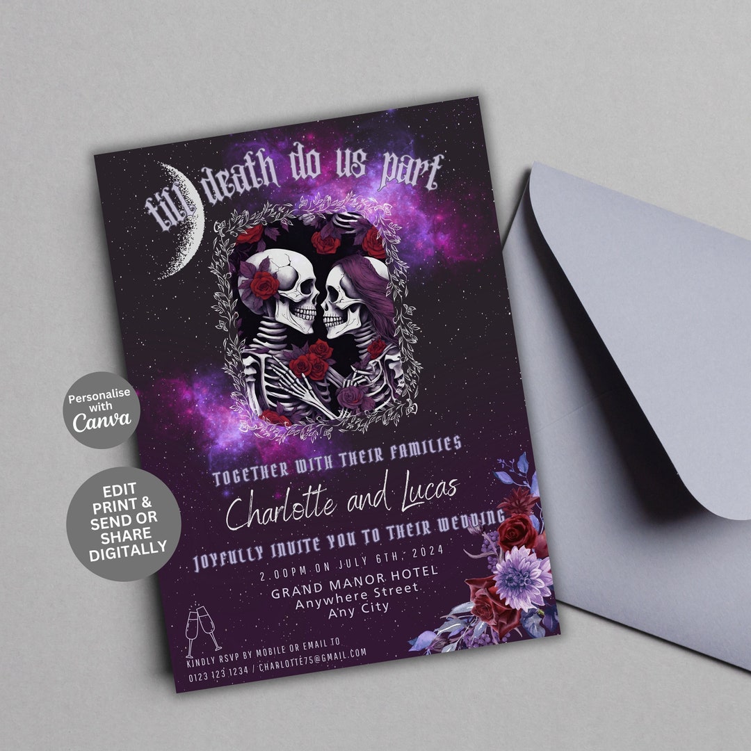 Till Death Do Us Part Wedding Invitation Editable Purple Gothic Wedding ...