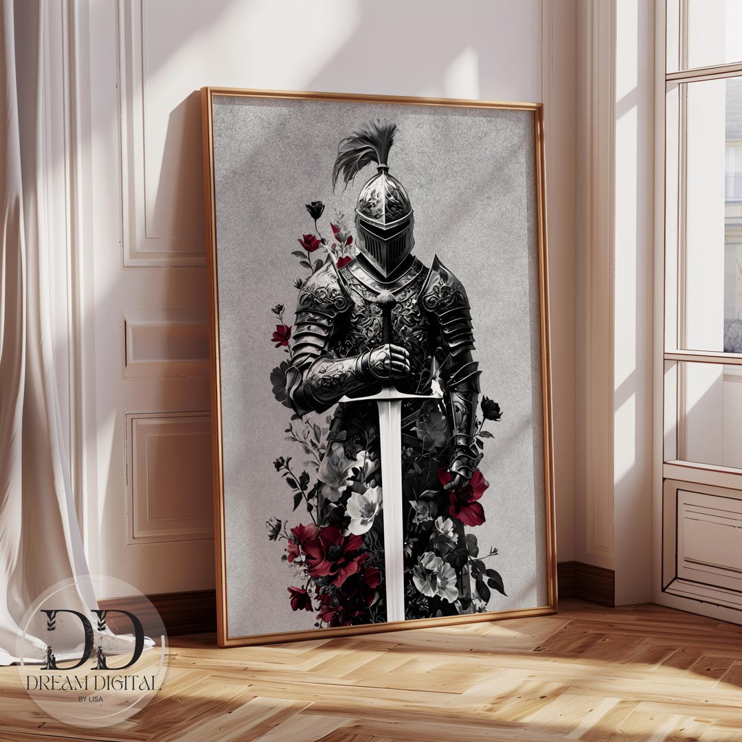 Medieval Knight Armour With Sword Covered in Gothic Flowers DIGITAL Art ...