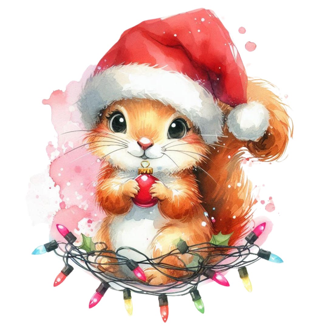 Watercolor Christmas Squirrel Clipart – Santa Hat, Lights (digital PNG ...