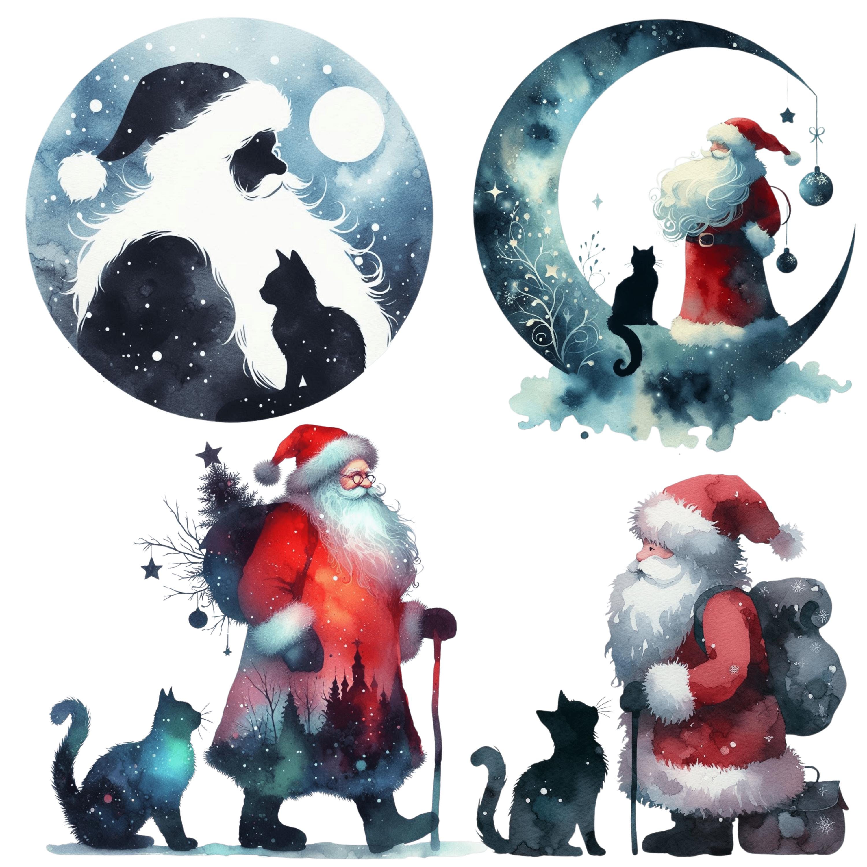 Watercolor Santa & Black Cat Silhouette Clipart (digital Download) - Etsy