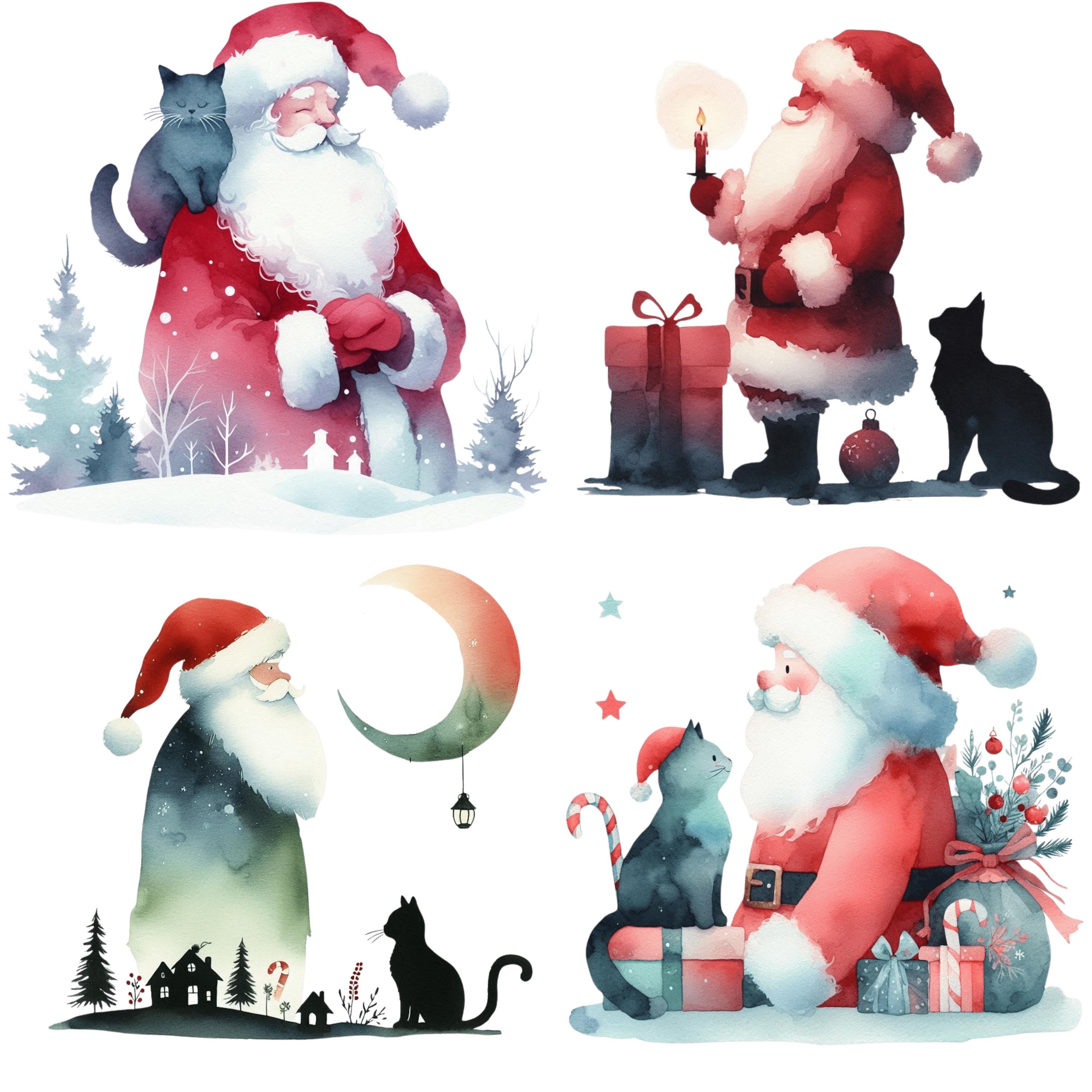 Watercolor Santa & Black Cat Silhouette Clipart (digital Download) - Etsy