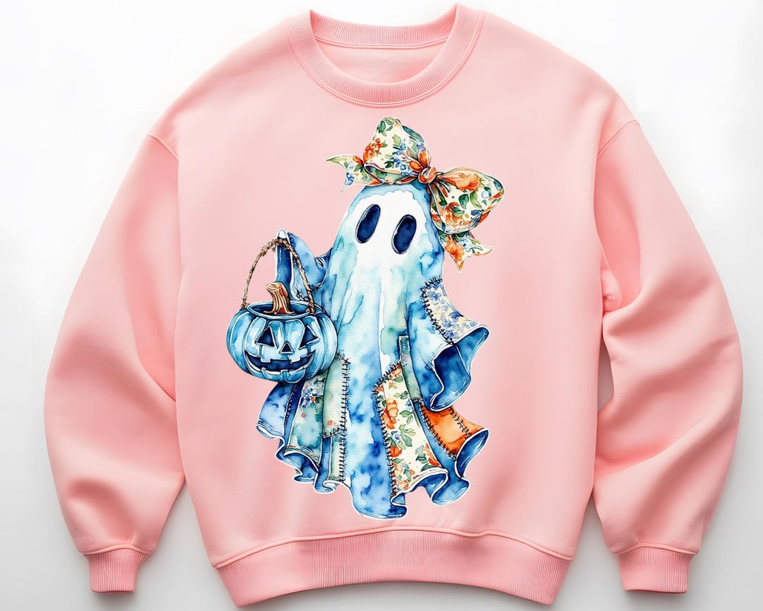 Watercolor Denim Ghost PNG: Patchwork Halloween Design (digital ...