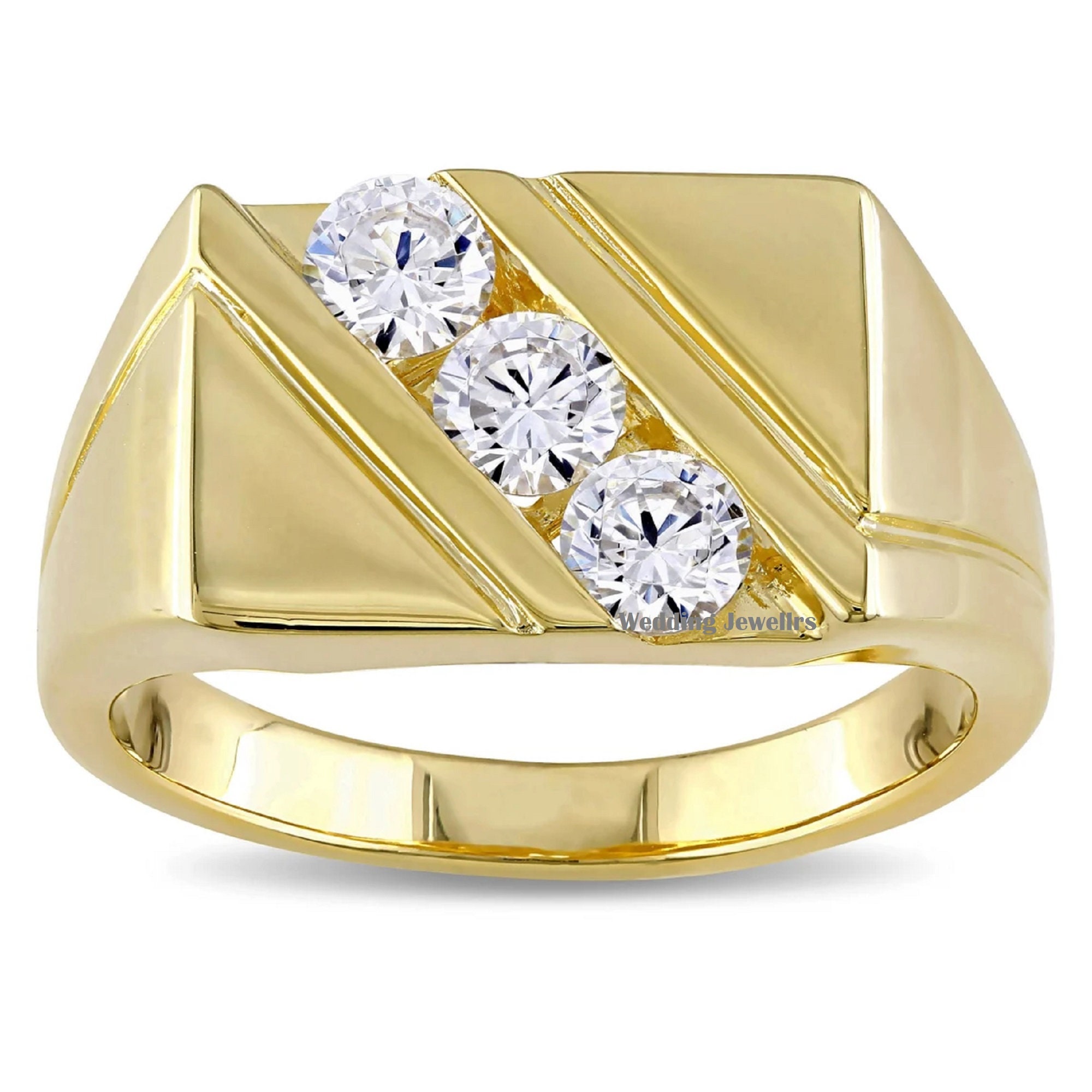 Three Stone Men's Engagement Ring, Excellent Round Cut Moissanite ...