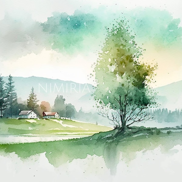 Printable Watercolor Field Painting Landscape, Vintage Landscape Art ...