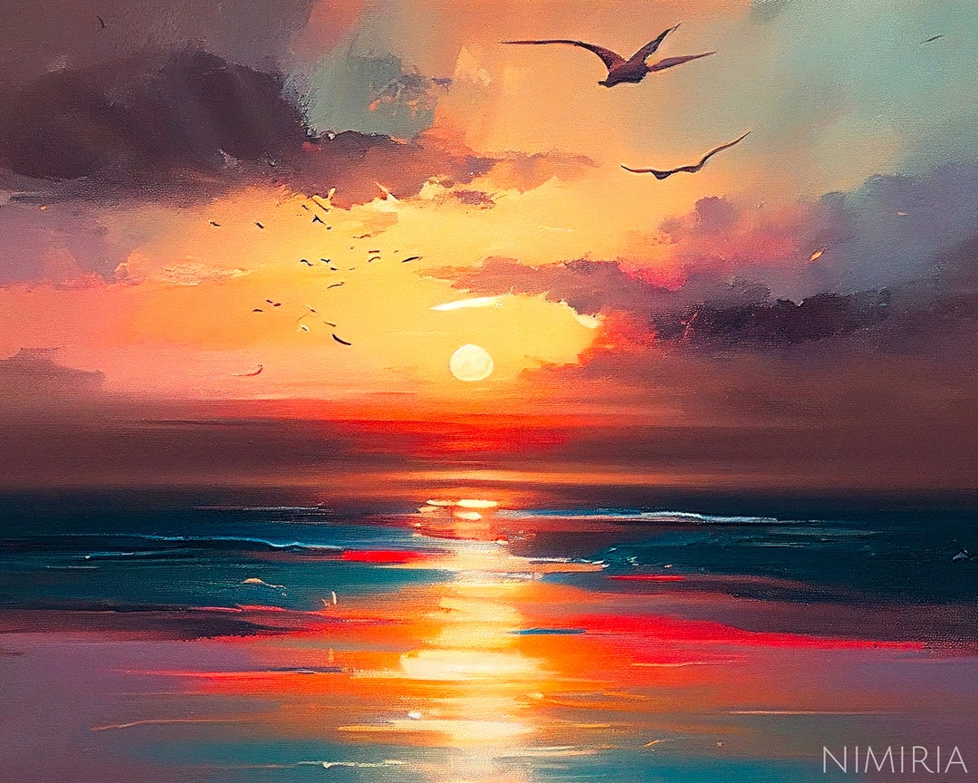 Printable Ocean Sunset Sunrise Landscape Oil Painting, Vintage ...