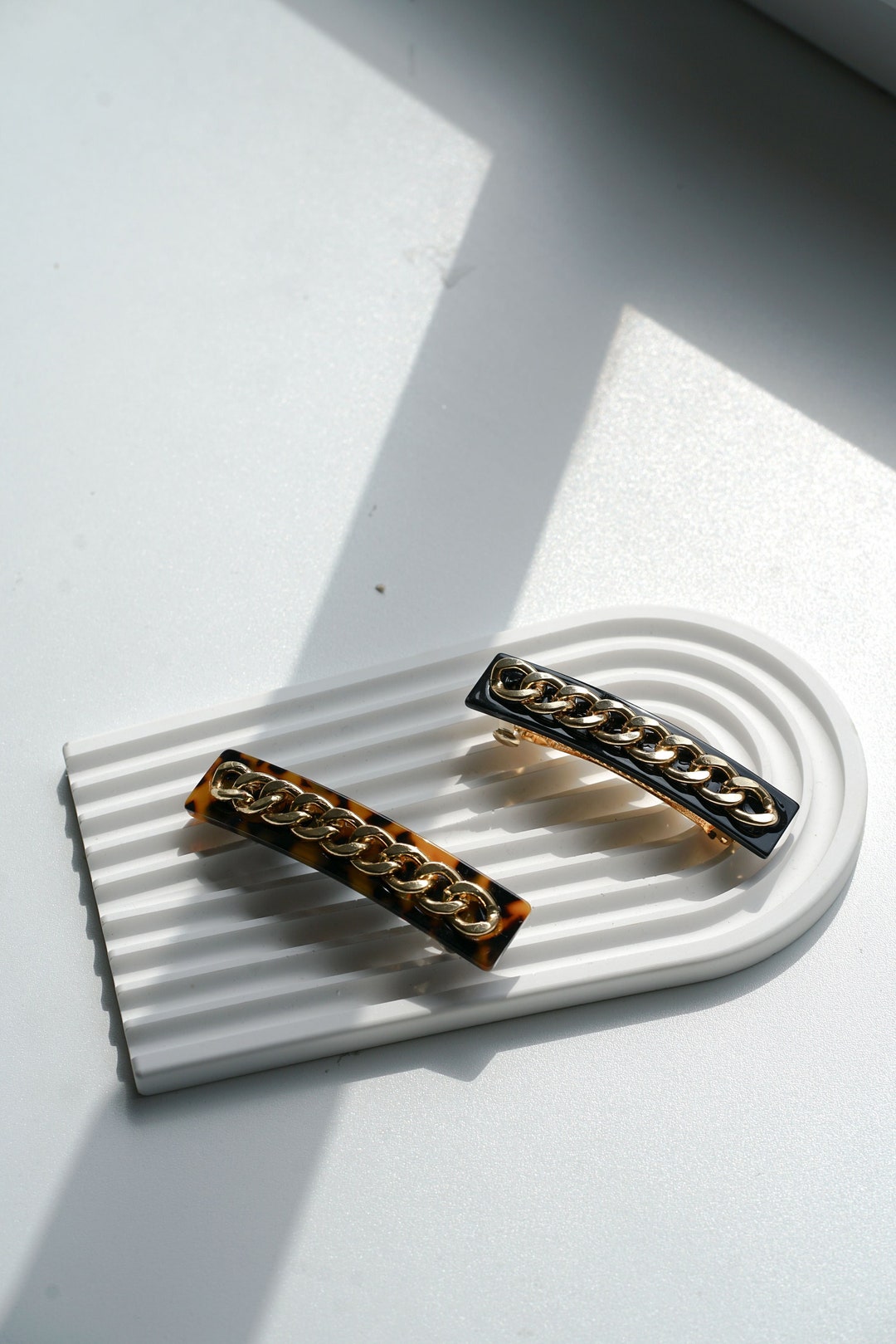 The Rectangular Barrette in Black Acetate, Barrette With Chain, Modern ...