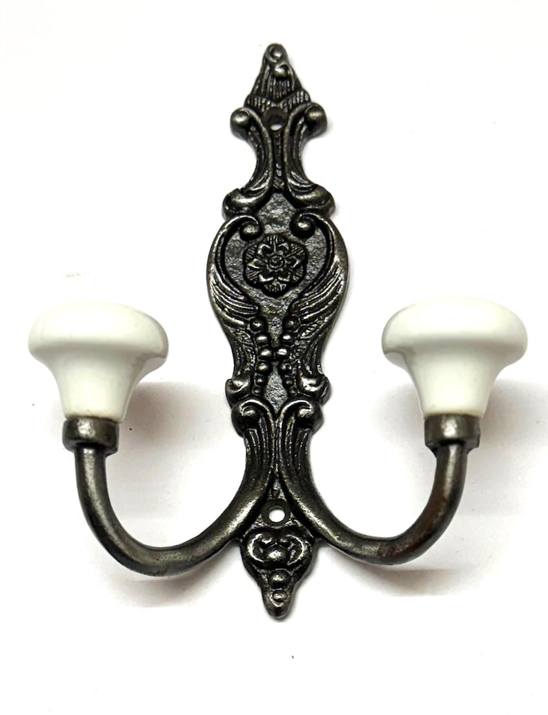 Antique Double Wall Hook With Ceramic Knobs – Vintage Cast Iron Towel & Coat Hanger –decorative ...
