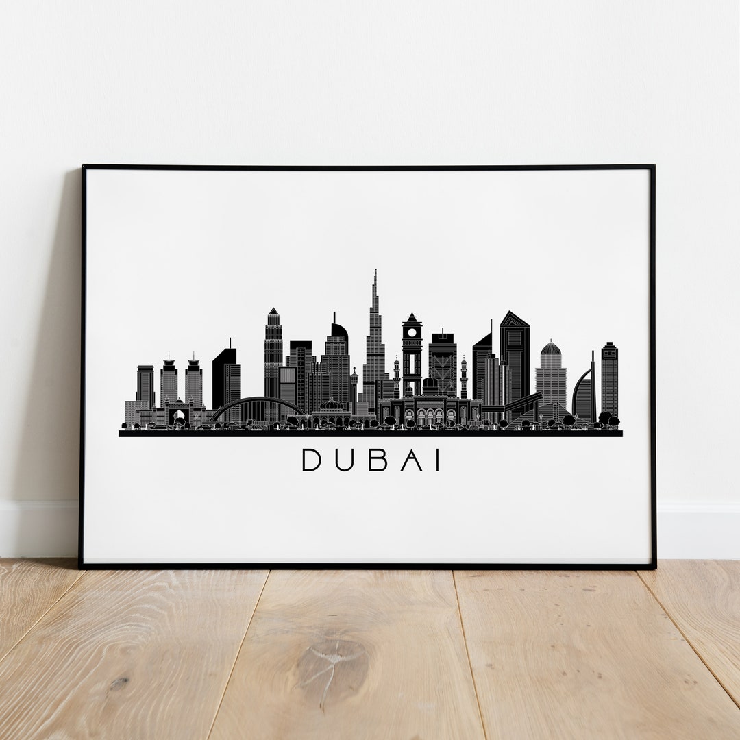 Dubai Skyline Print, Monochrome Cityscape Wall Art, Black White Decor ...