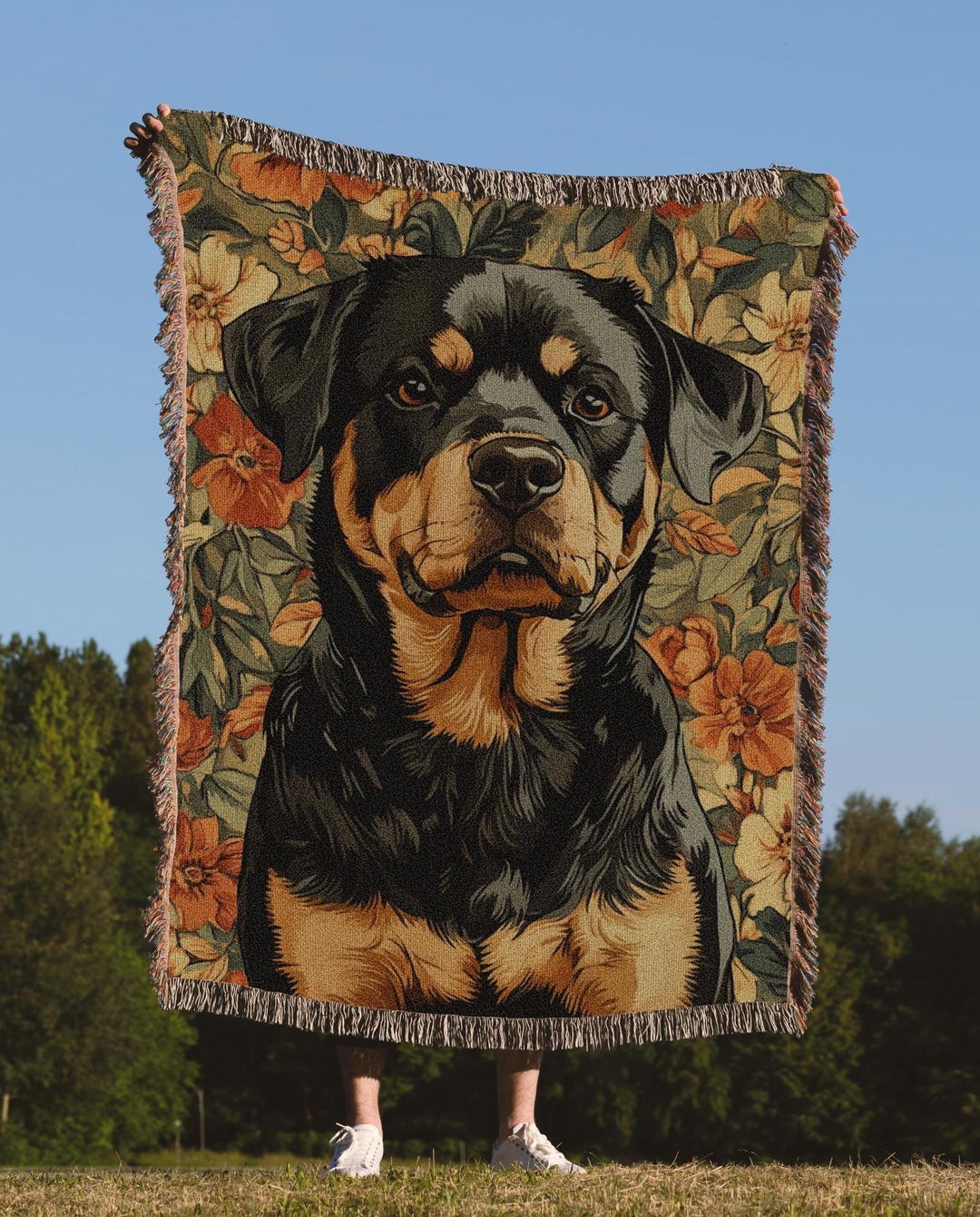 Rottweiler Woven Blanket, Rottweiler Tapestry, Rottweiler Floral Throw ...