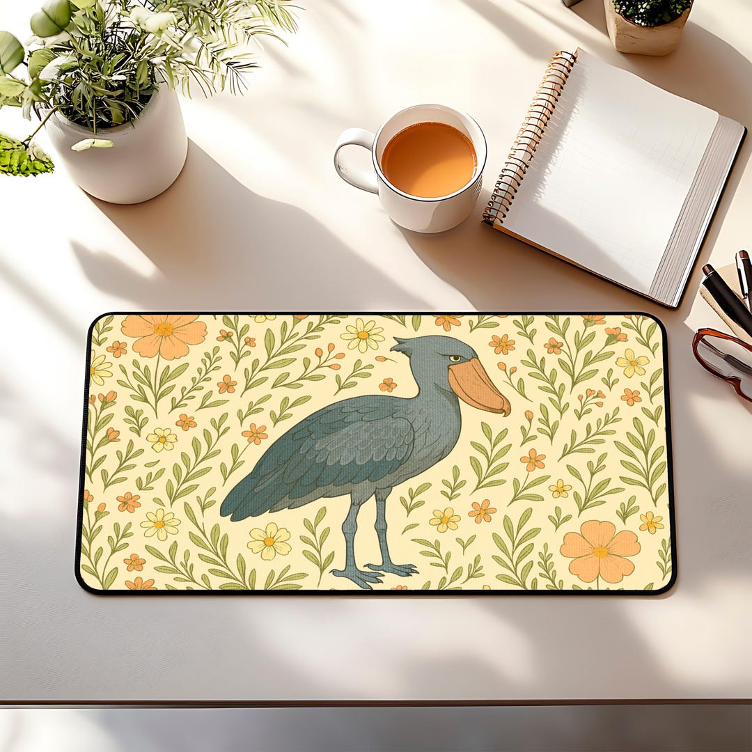 Shoebill Stork Desk Mat, Bird Floral Cottagecore Desk Mat, Shoebill ...