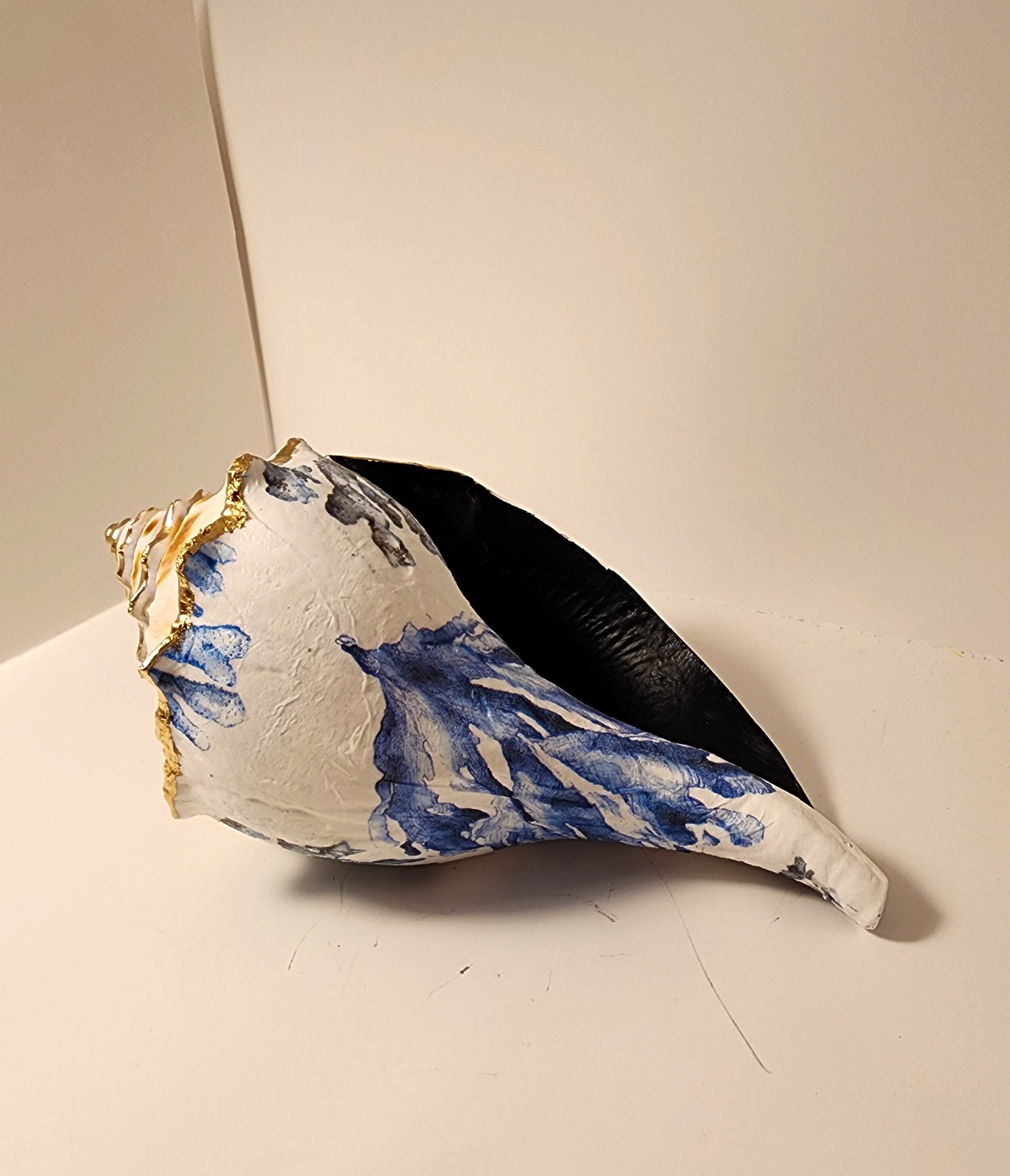 Decoupage Whelk Shell With Gold Trim, Handmade Coastal Decor, Tabletop ...