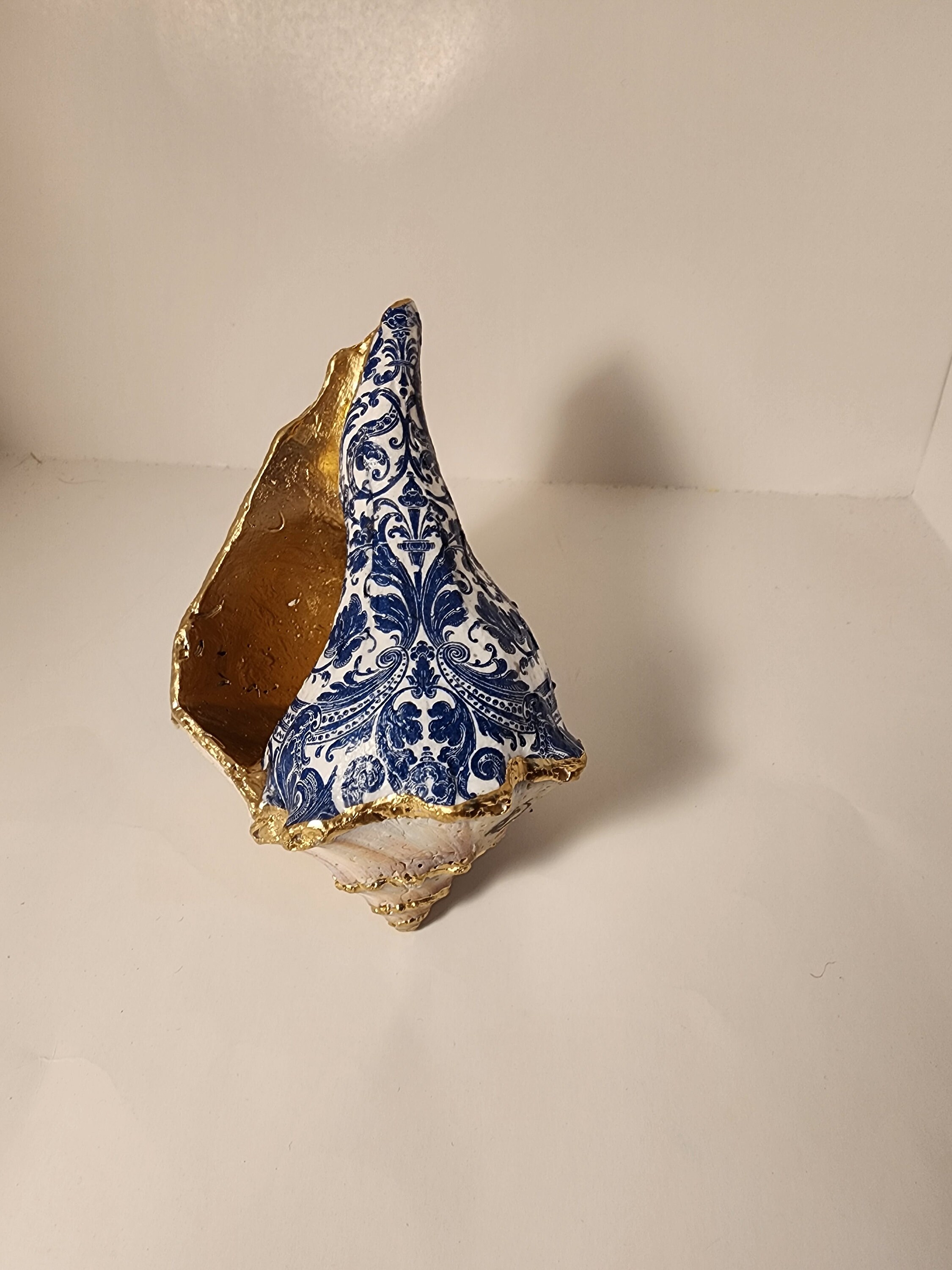 Decoupage Whelk Shell With Gold Trim, Handmade Coastal Decor, Tabletop ...